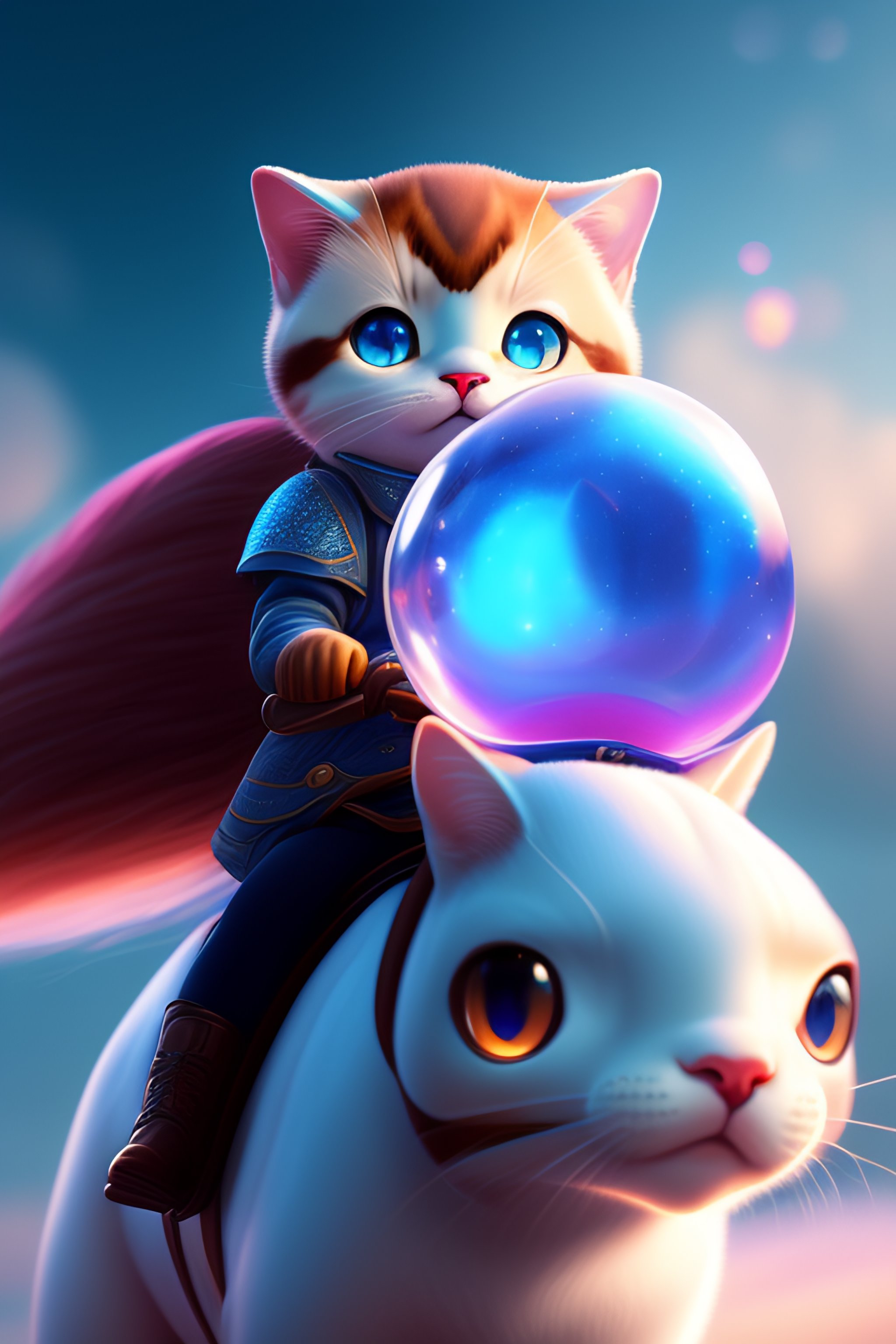 Lexica - Cinematic portrait of cute Mew riding large blue bubble, oil ...
