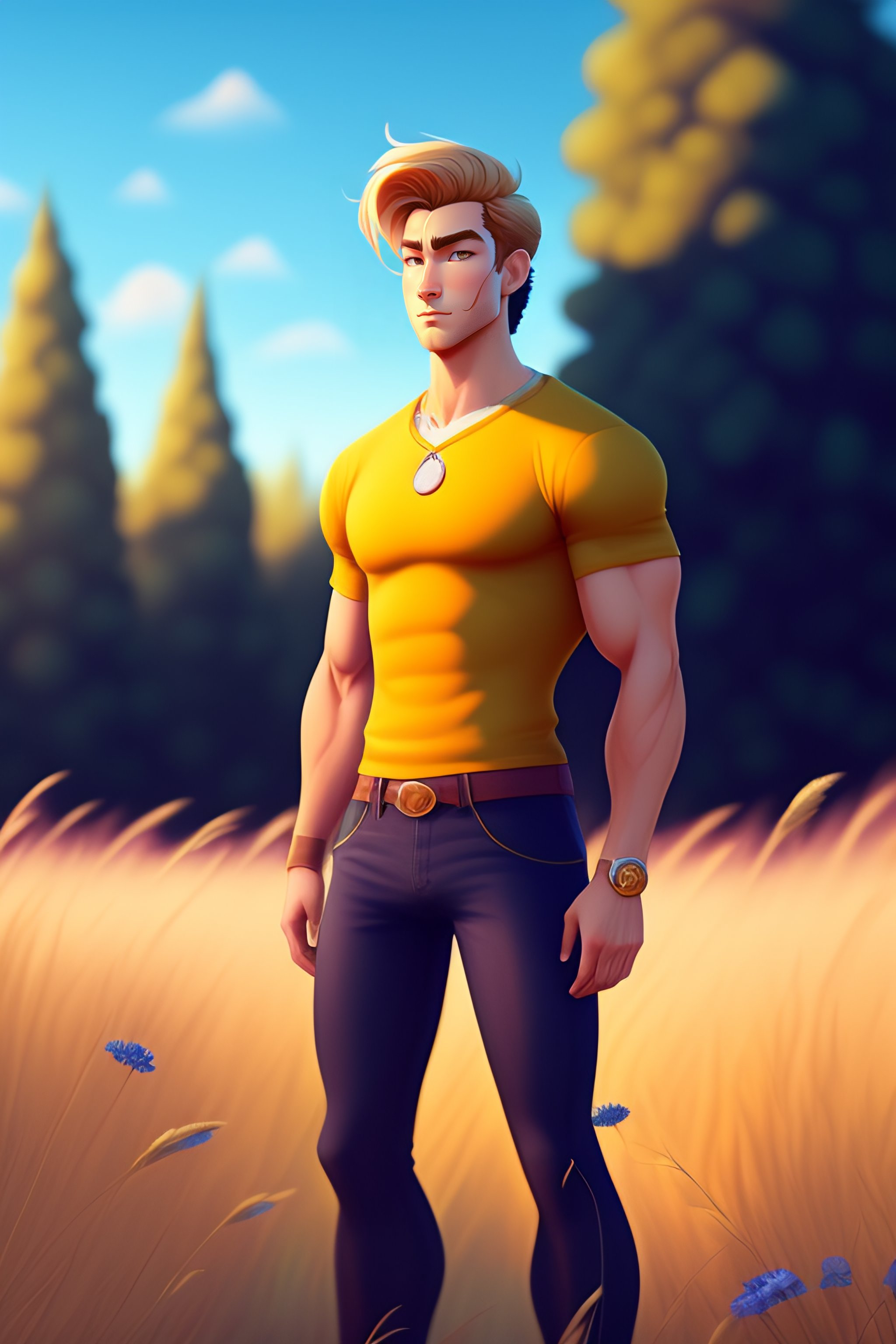 Lexica - View of gorgeous meadow with fit hot muscle young blonde cute ...