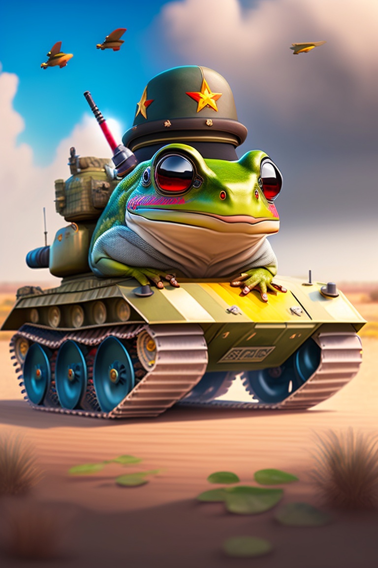 Lexica - A frog wears a military uniform, drives a tank with a bazooka ...