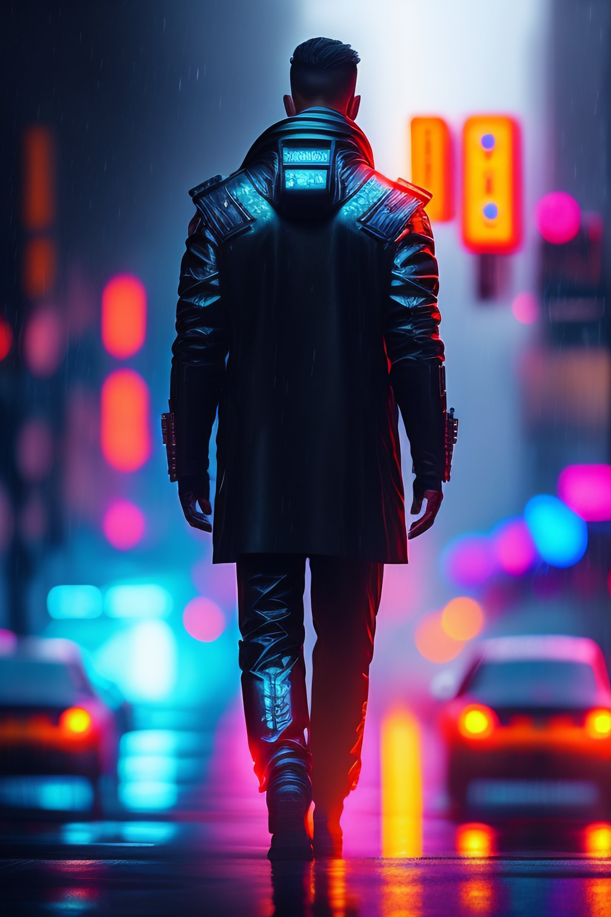 Lexica - Angel, half cyborg, full body, in heavy rain, open road, neon ...