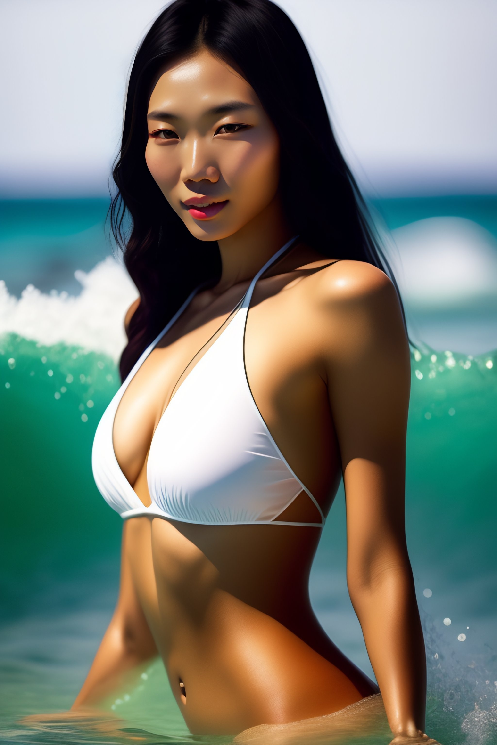 Lexica - Asian beauty in small wet white bikini