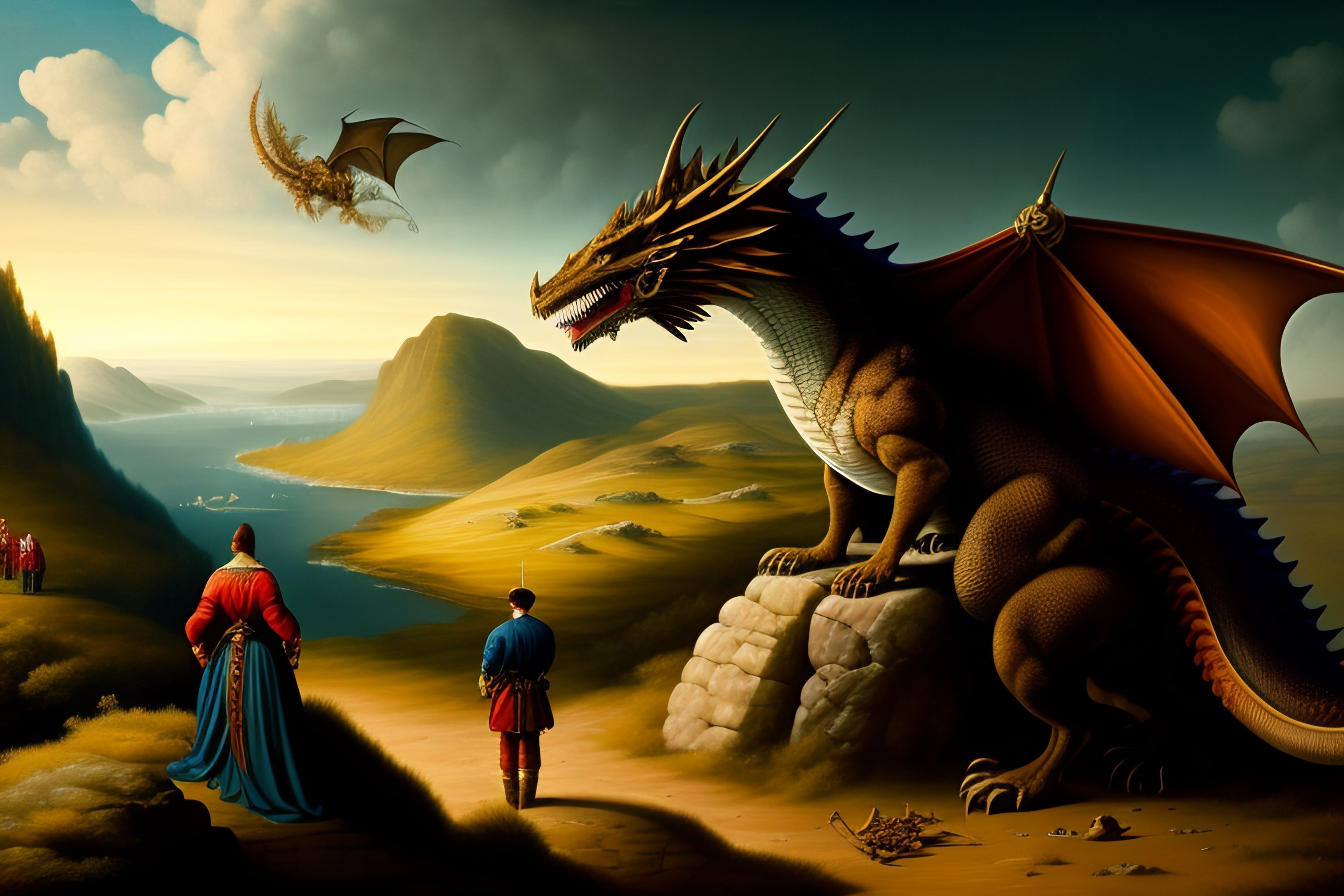 Lexica - Men kills dragon with sword in irish landscape, Renaissance ...