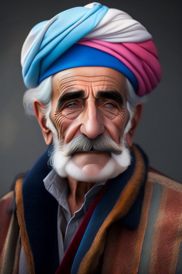 Lexica - An old Kurdish man, with a colored pooch on his head, a ...
