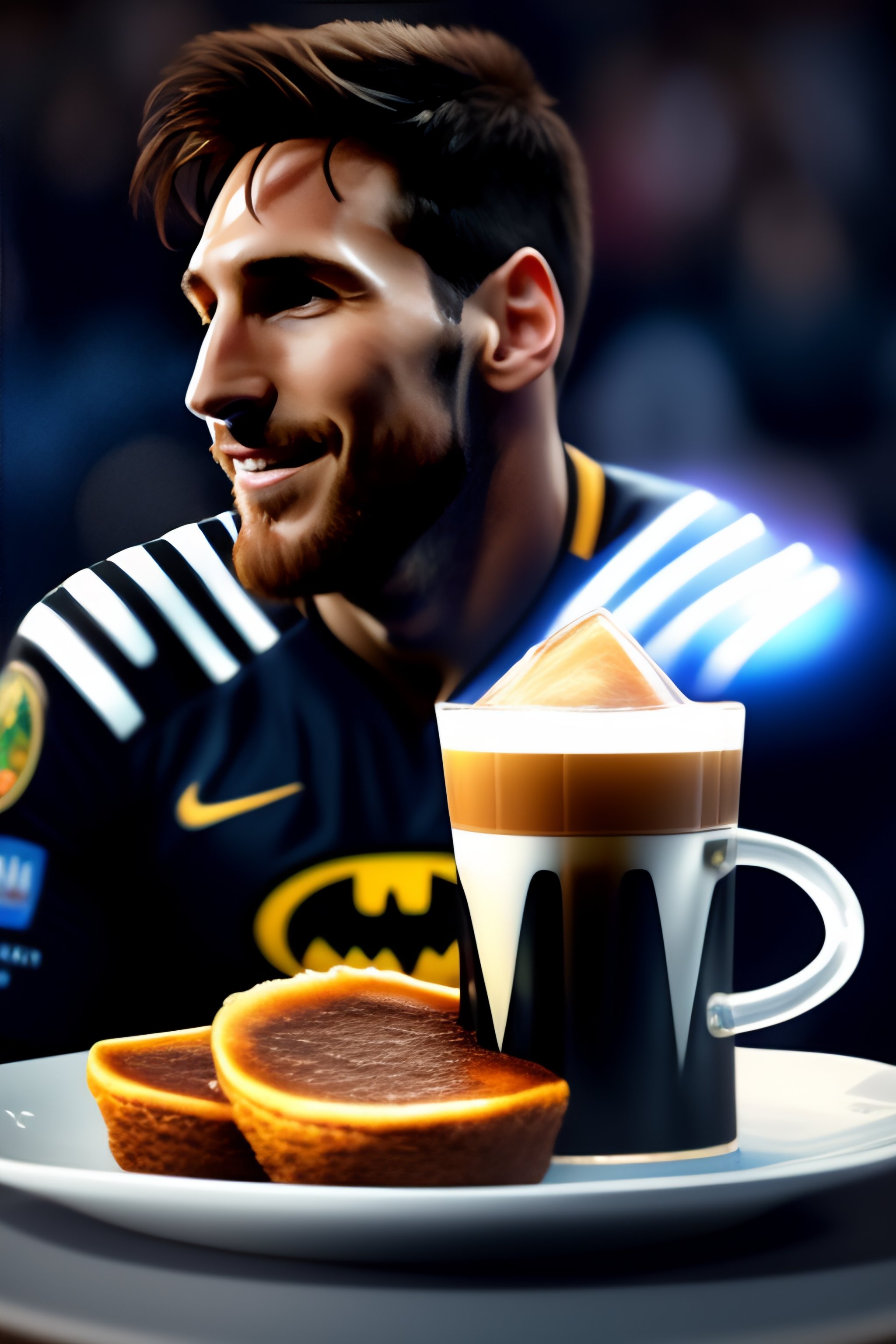 Lexica - Messi tomando un cafe con Batman, photorealist 4k