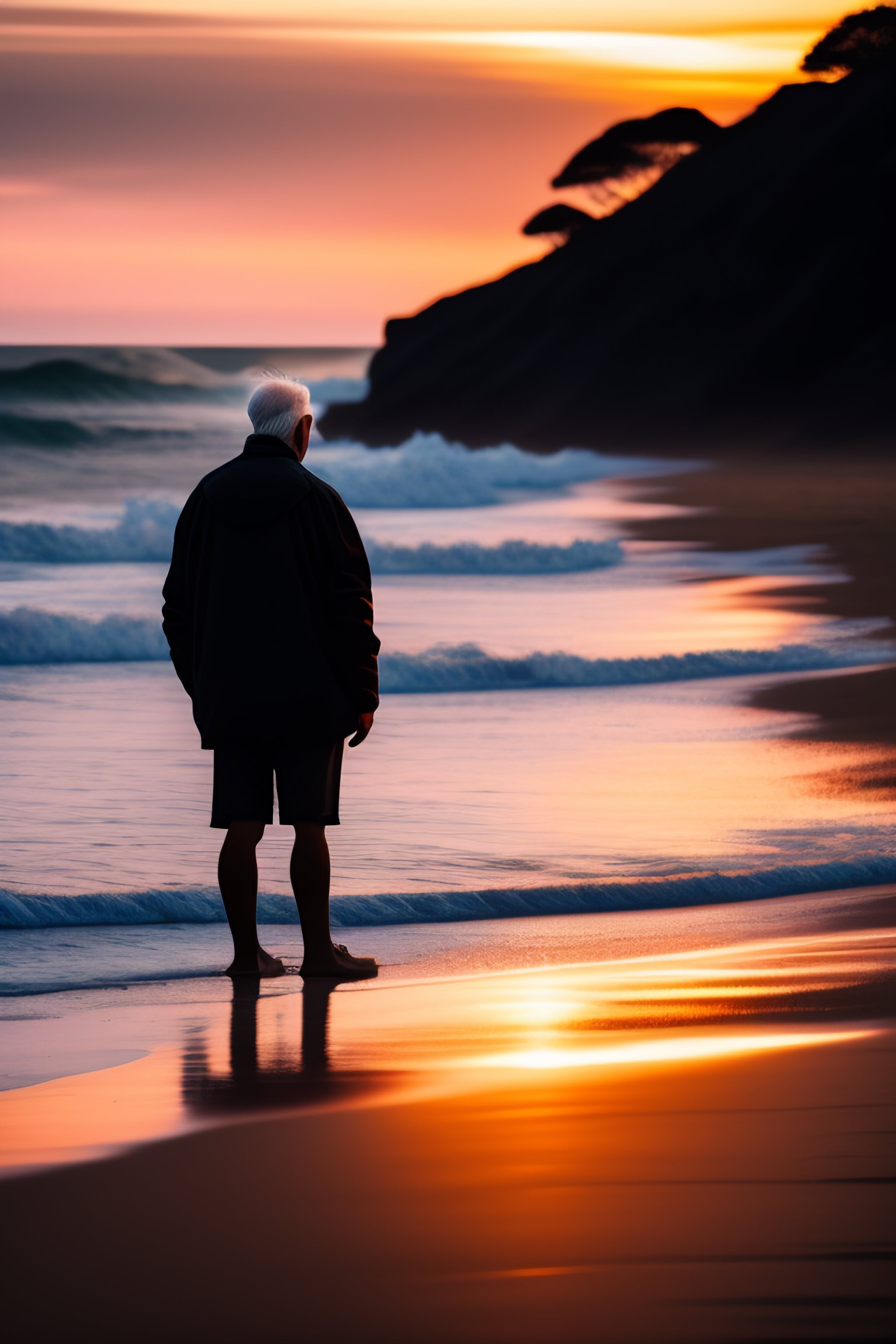 Lexica - Photo of a lonely old man on a beach at sunrise