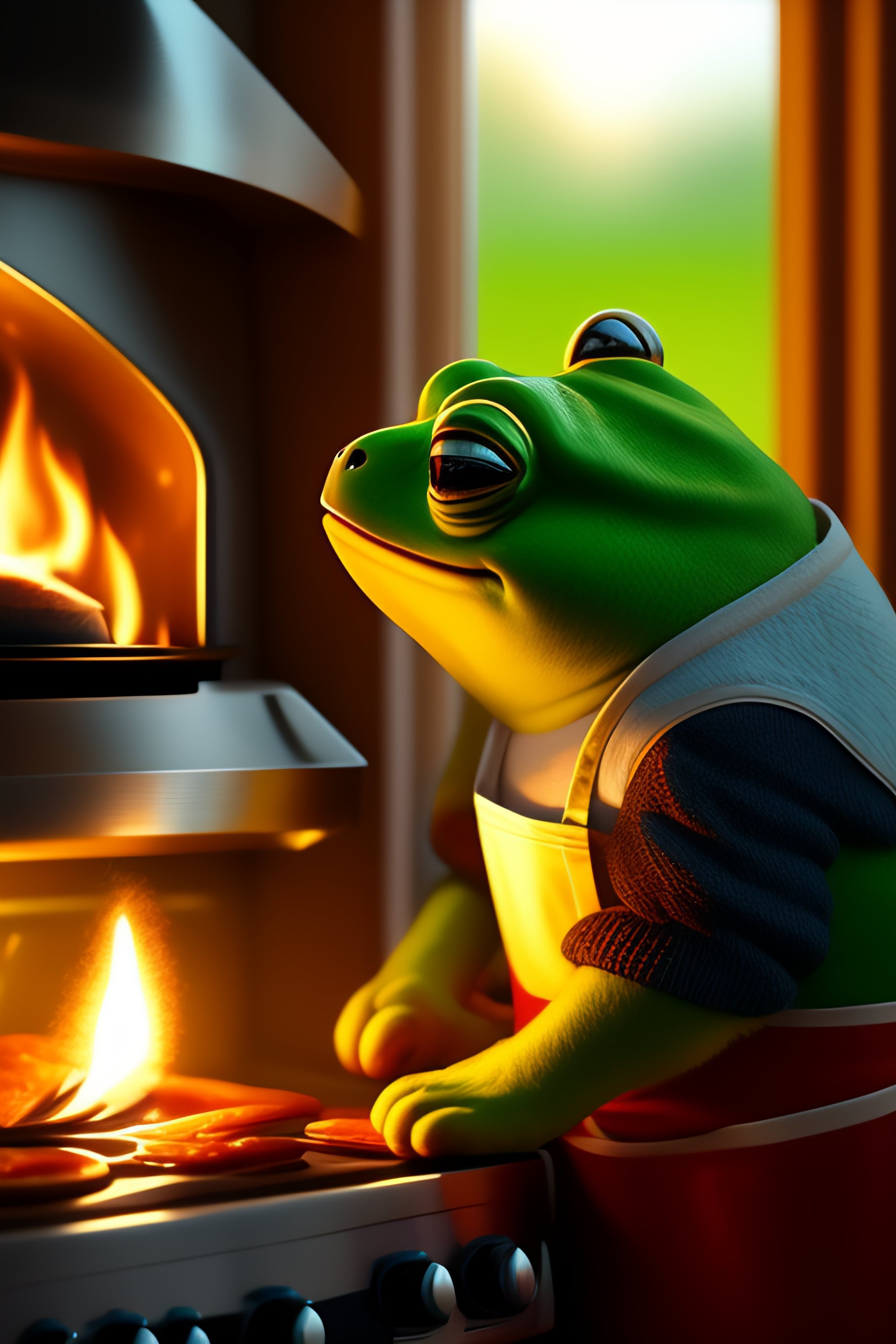 Lexica - An exhausted pepe the frog cooking dinner with an apron on ...