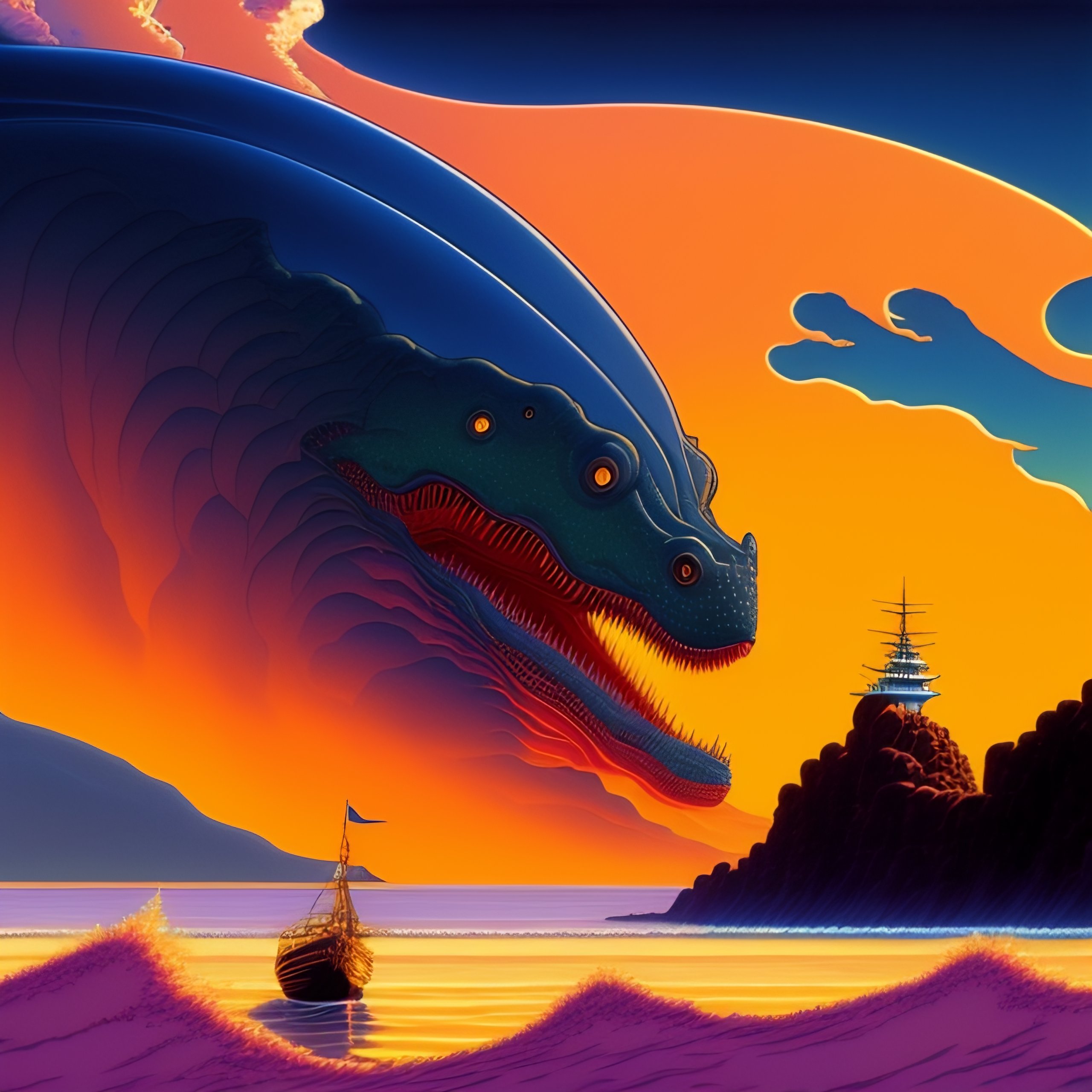Lexica - A giant sea monster emerging from the sea. The sky is on fire ...