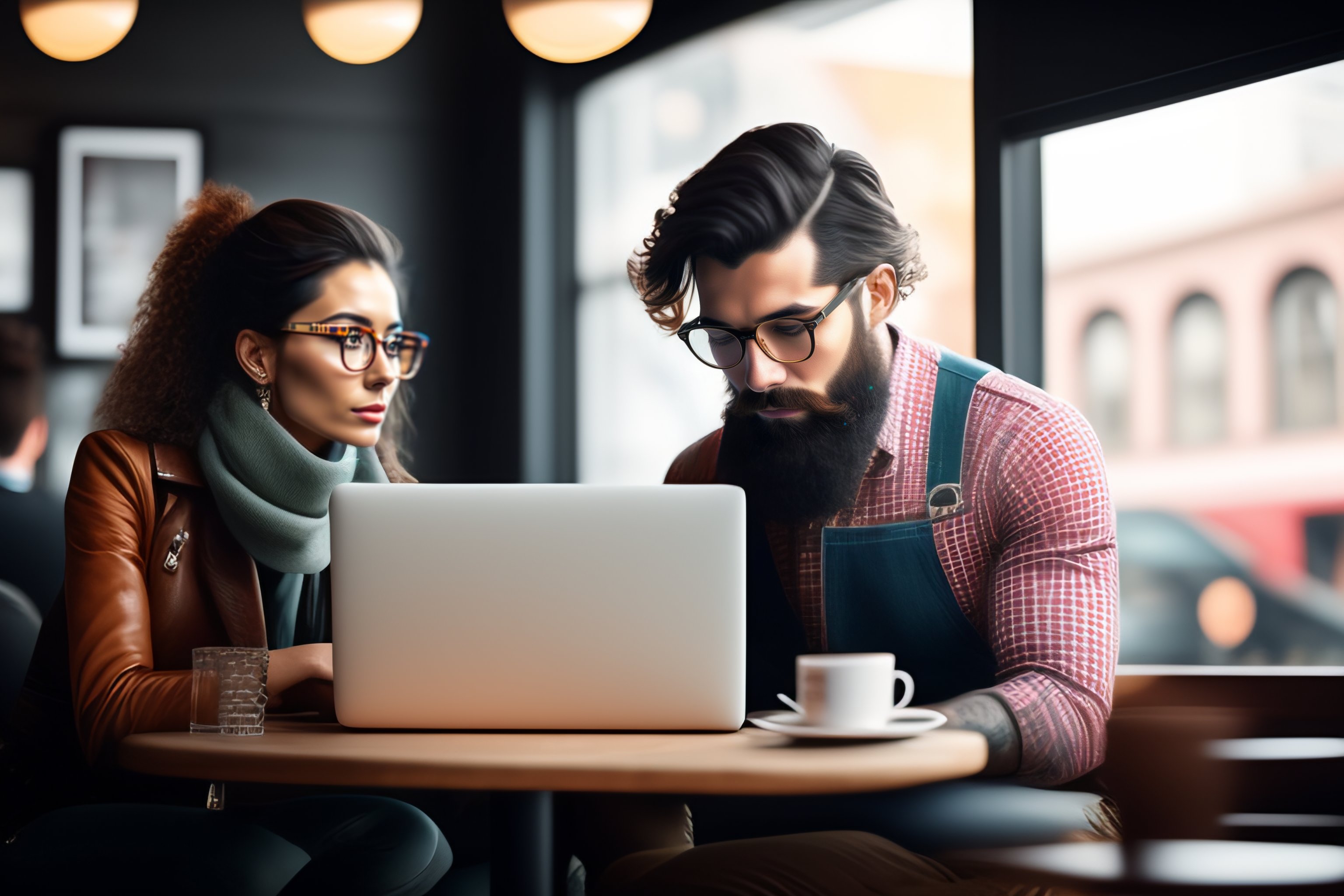 Lexica - Hipsters designers working on laptop in cafe, one is woman ...
