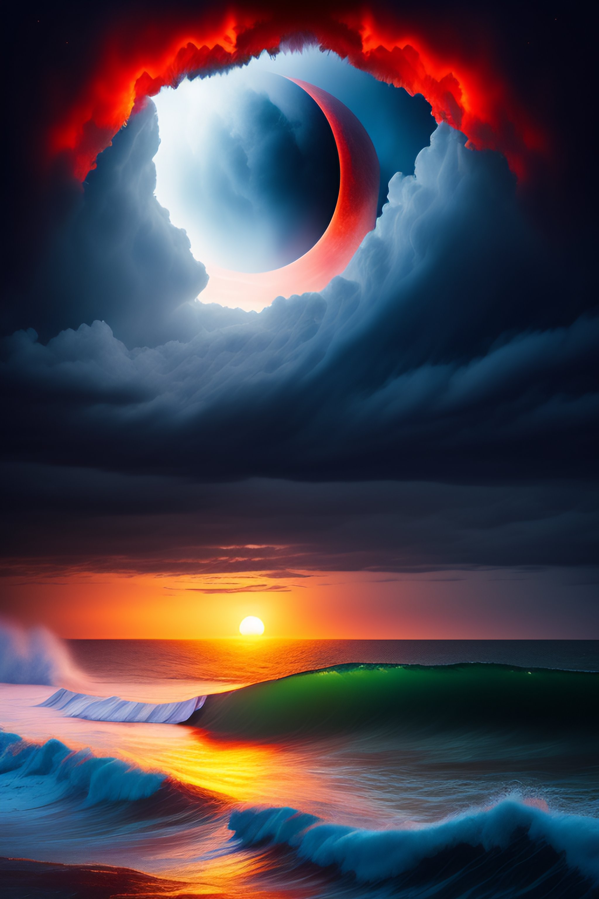 Lexica - Red moon over stormy red ocean, huge clouds, dappled silver ...