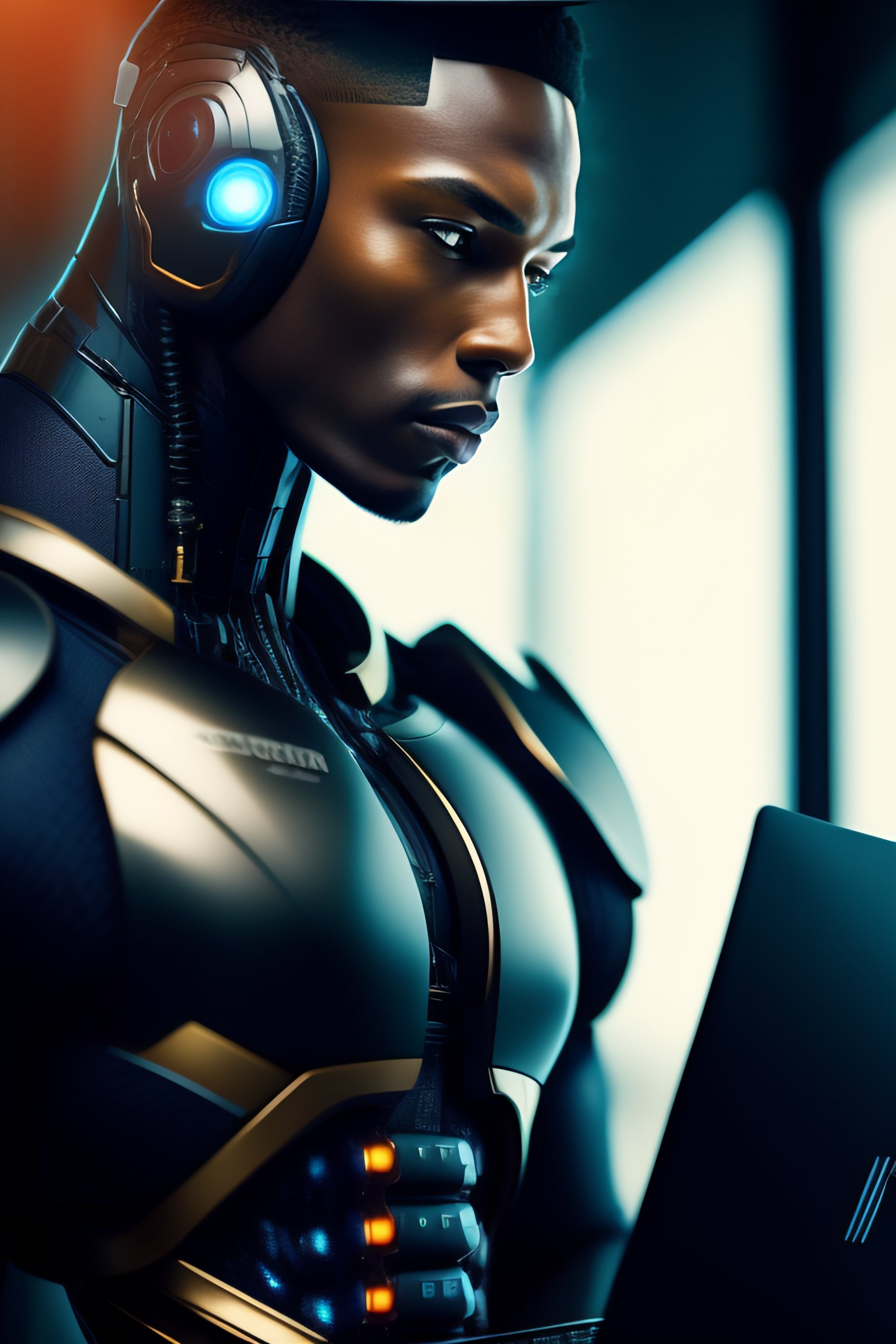 Lexica - Cyborg with computer, a character side portrait, realistic ...