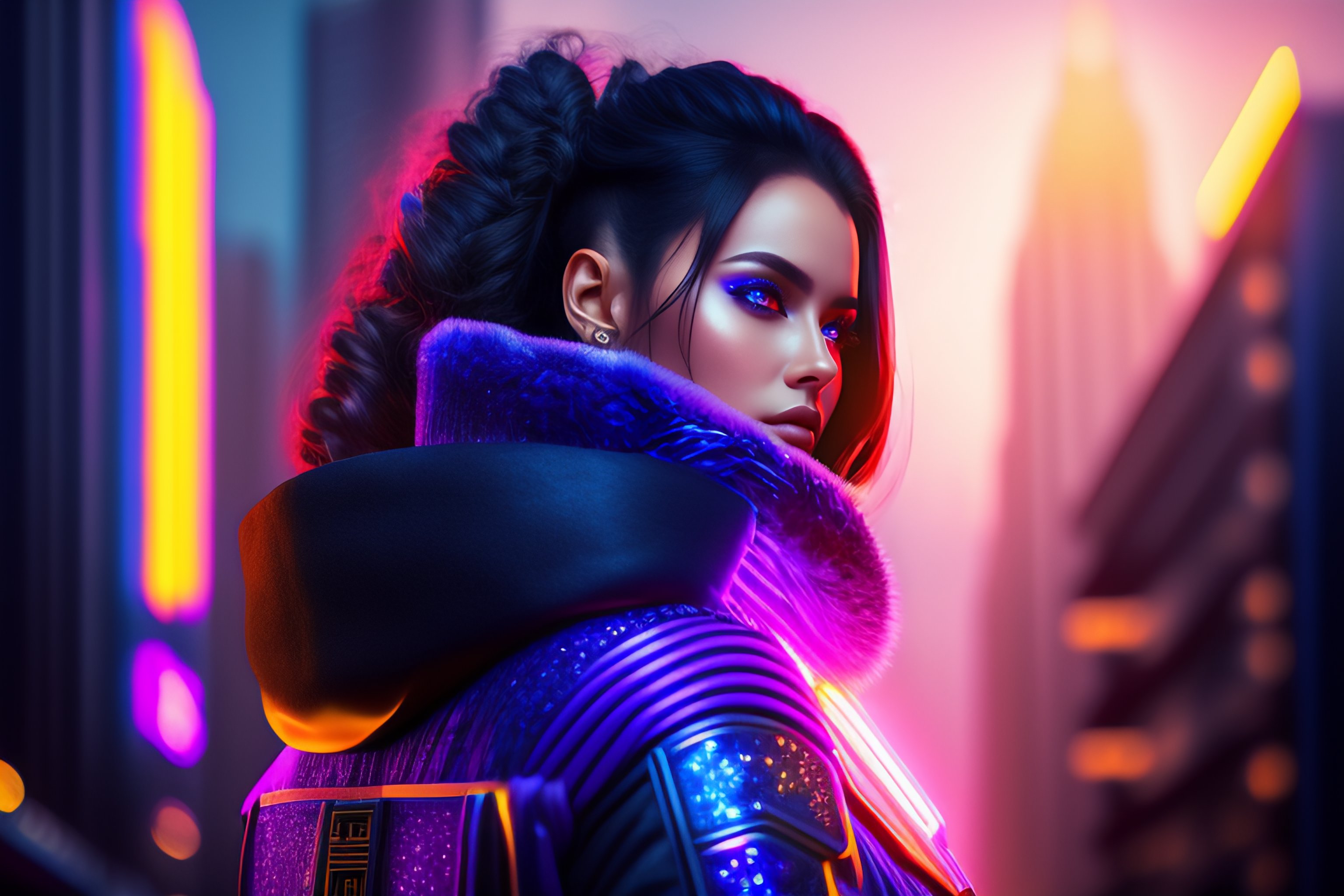 Lexica - Beautiful sci-fi girl from future wearing furry coat pink blue ...