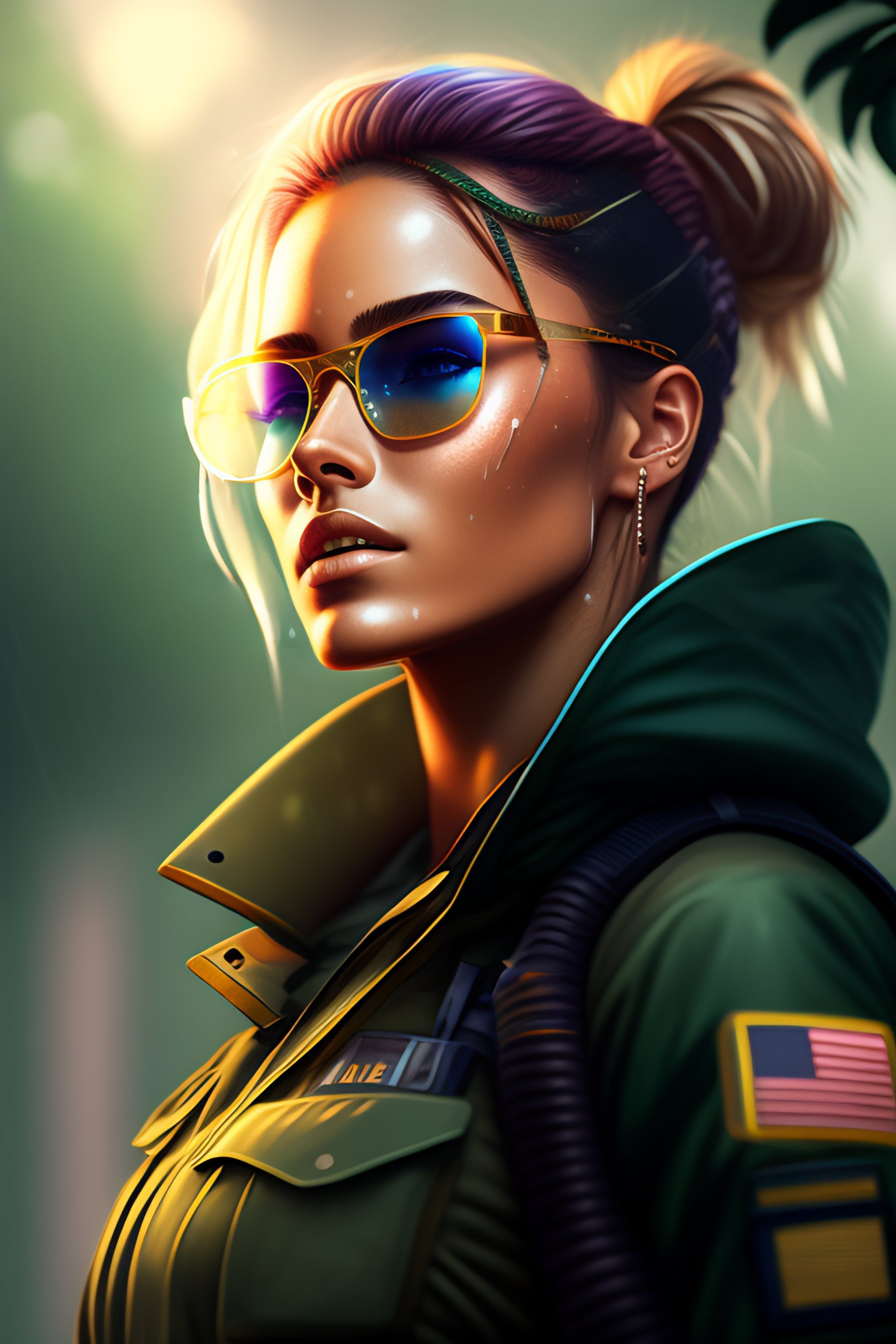 Lexica - Portrait of (emaciated:1.3) female jungle commando, (blonde:1. ...