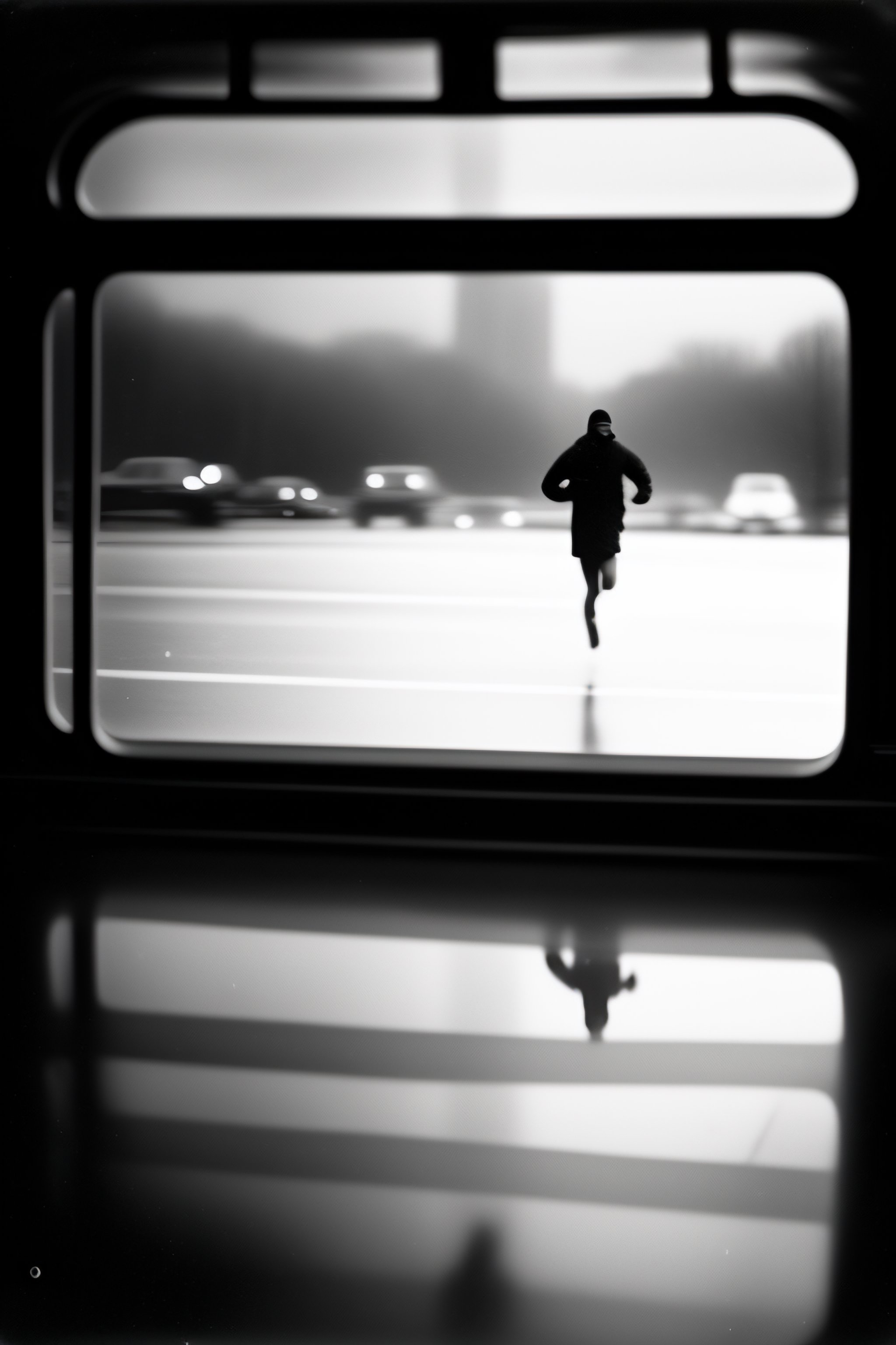 Lexica - View of a running man from inside a dropped bus window, winter ...