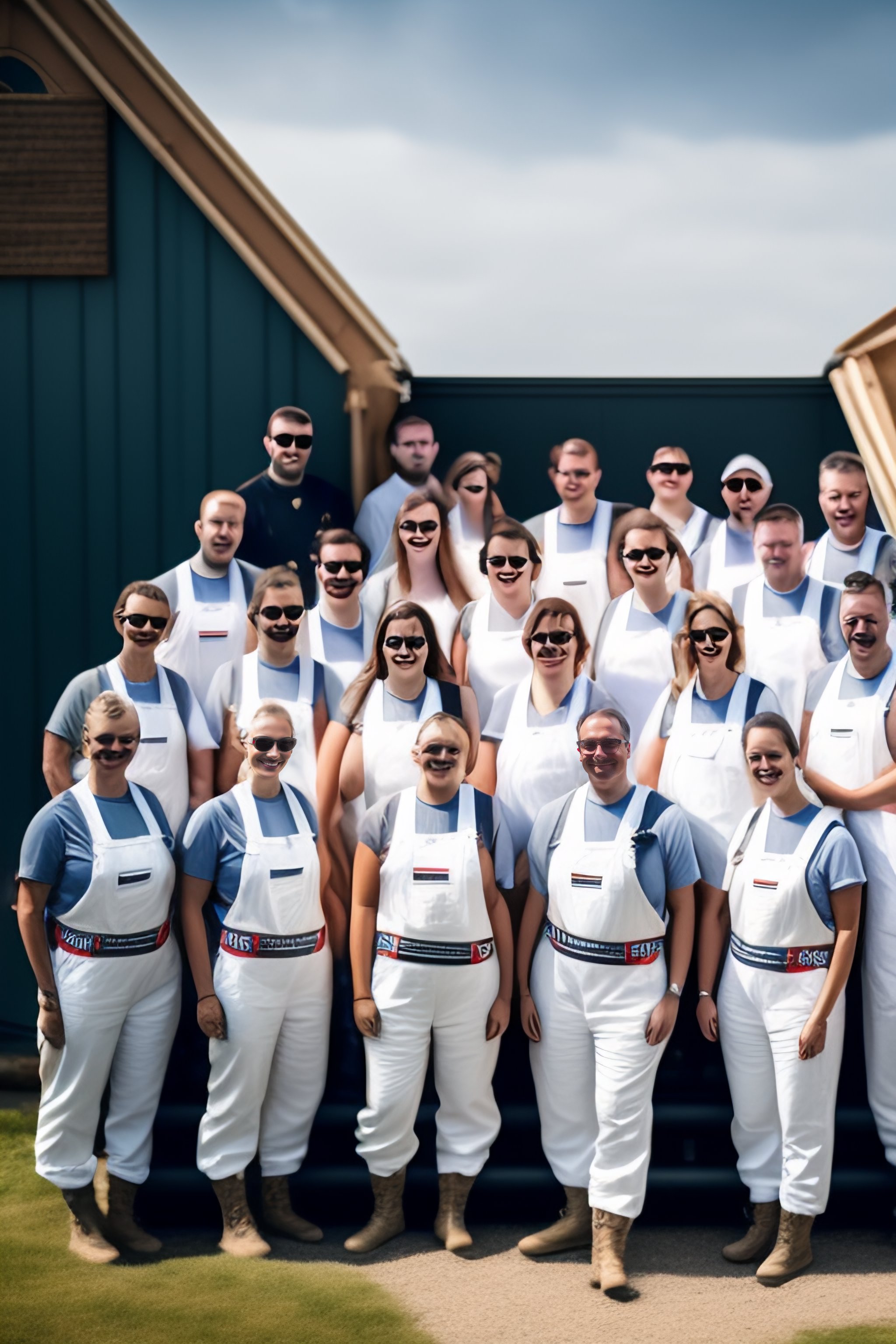 Lexica - An army of smiling painters wearing white dungarees, wide ...