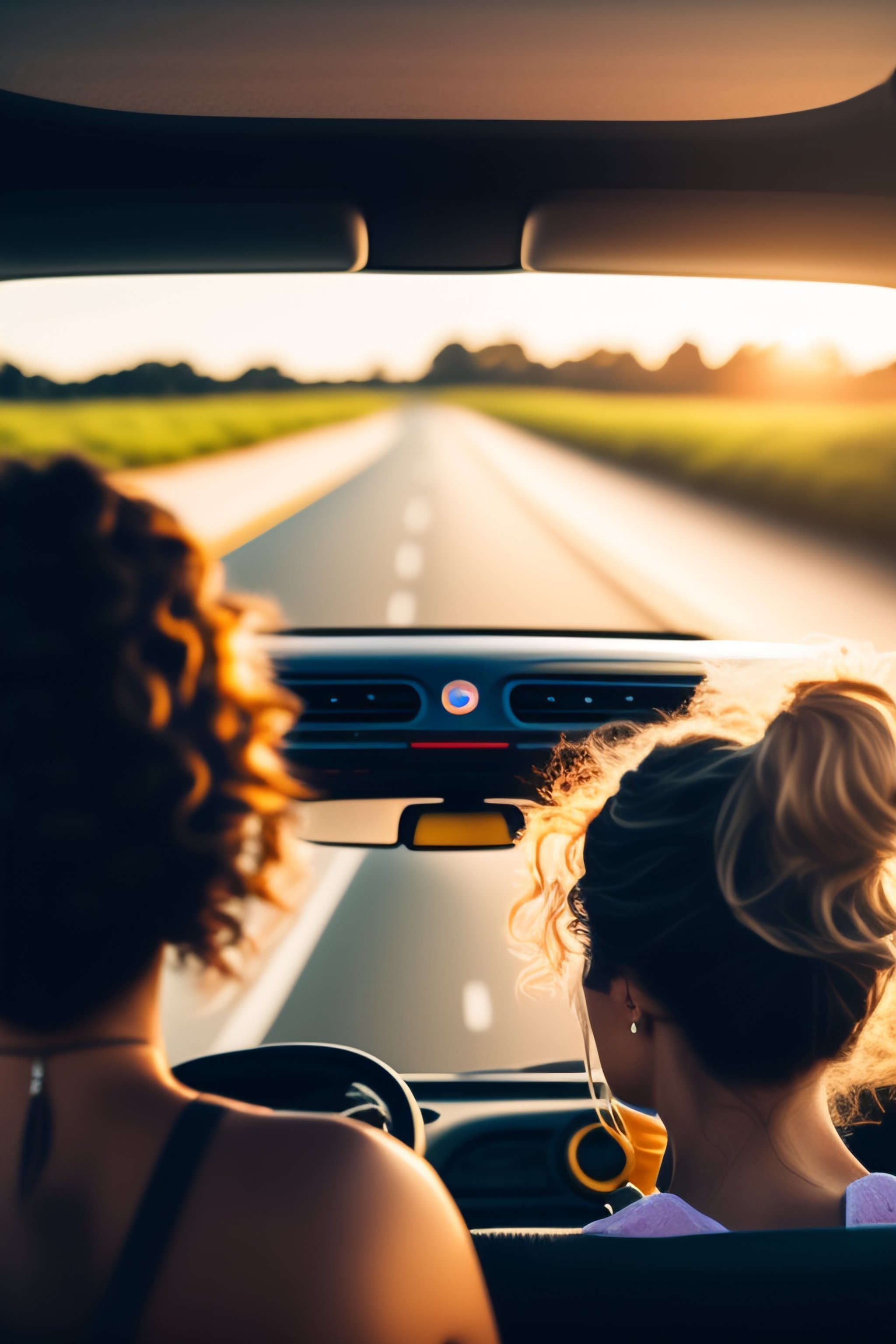 Lexica - Back of two women's heads driving in a car on the freeway