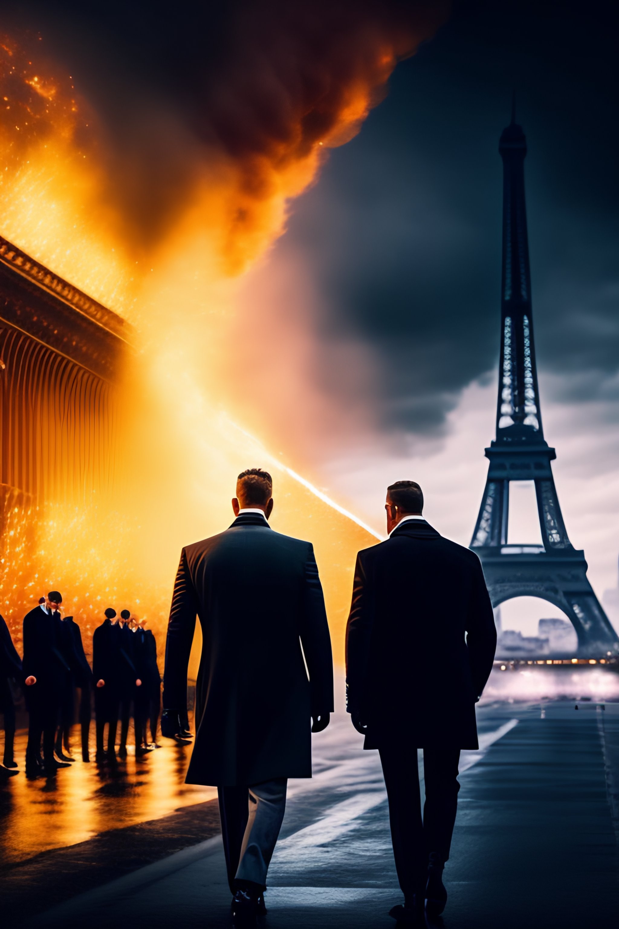 Lexica - James Bond, Daniel Craig walking away from exploding Eiffel tower toward the camera ...
