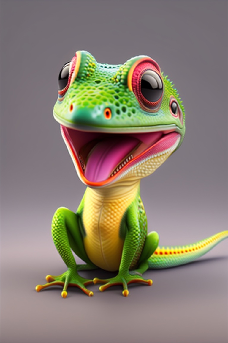 Lexica - Cute gecko, standing, cartoon style, mouth open.