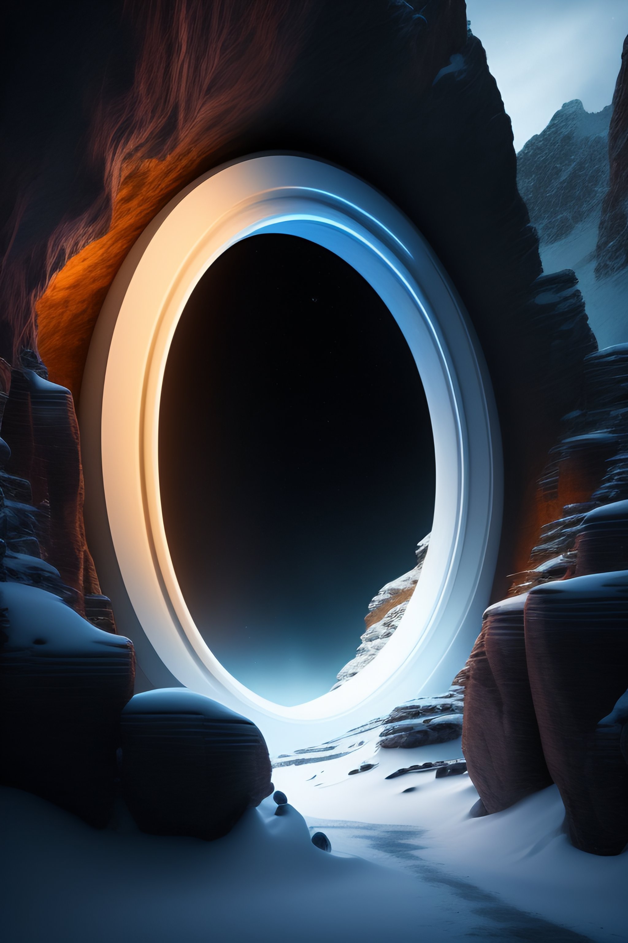 Lexica - An ancient and magical, big white portal, black background ...