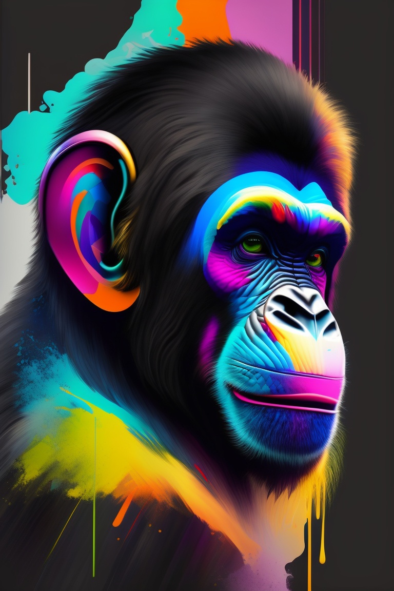 Lexica - Pop art, black and white chimp face, splashes of colorfull ...