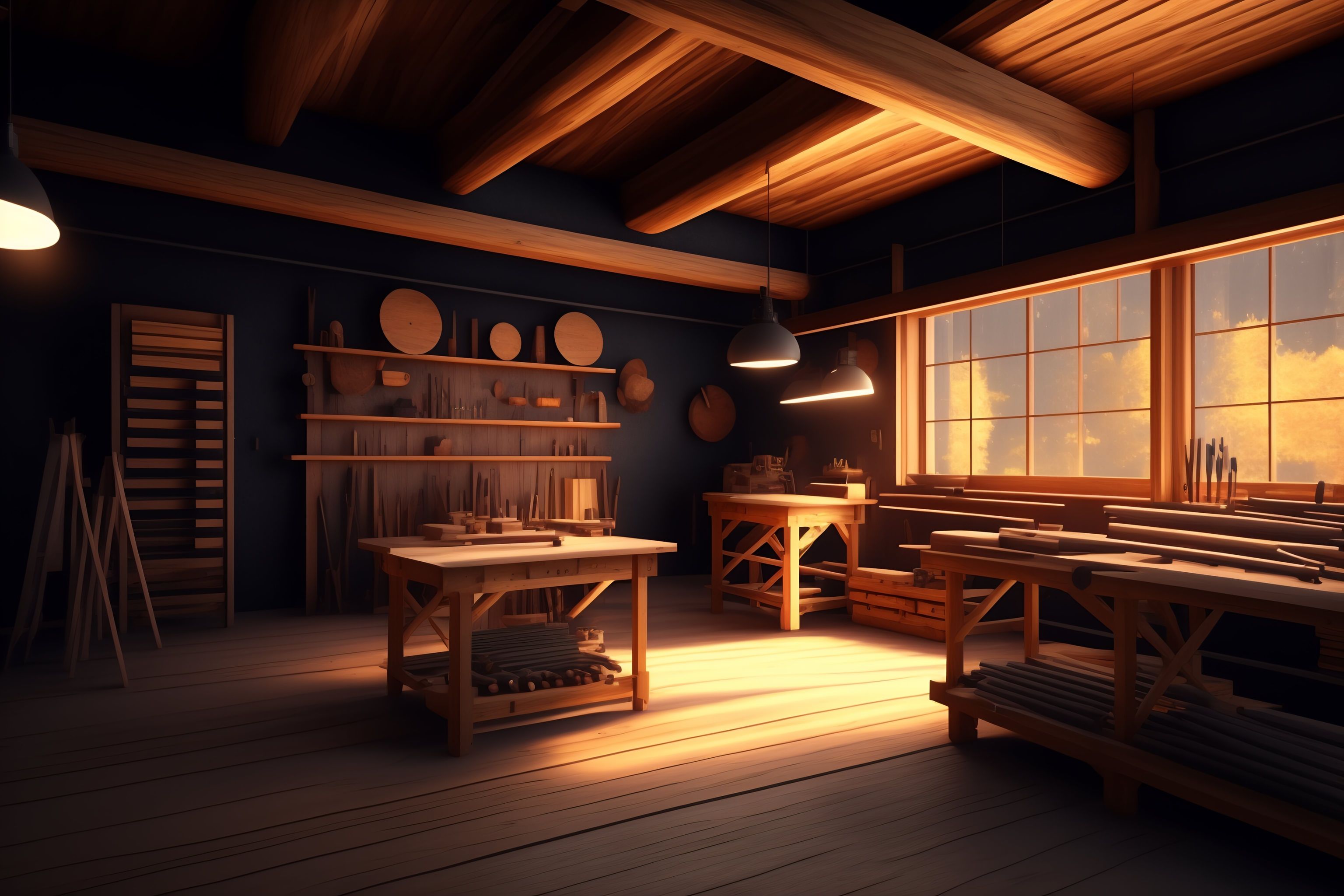 Lexica - A wood workers workshop with a lot of tools, wood pallet, hdri ...