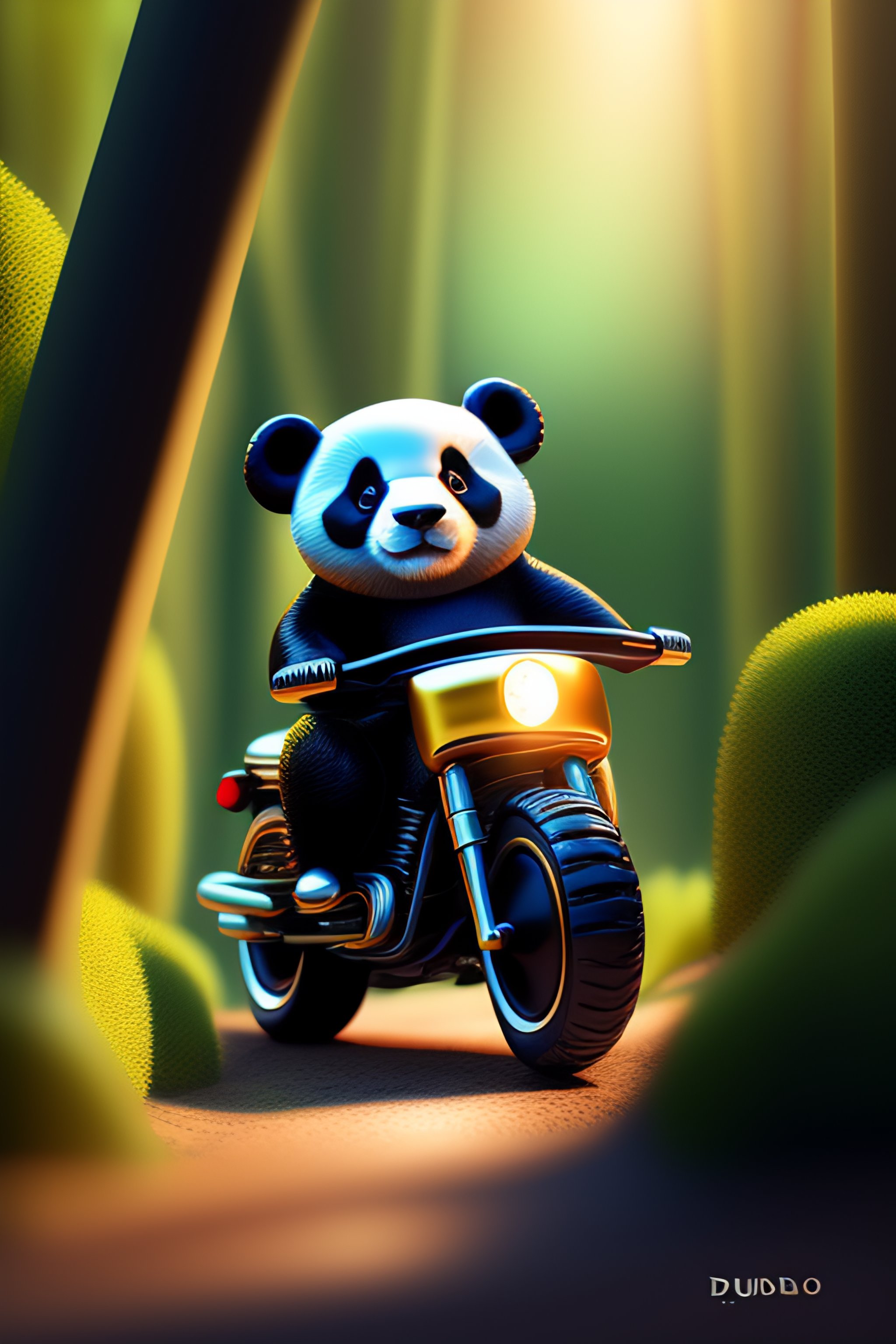 Lexica - Baby boy panda bear ride motorcycle in the thick bamboo forest ...