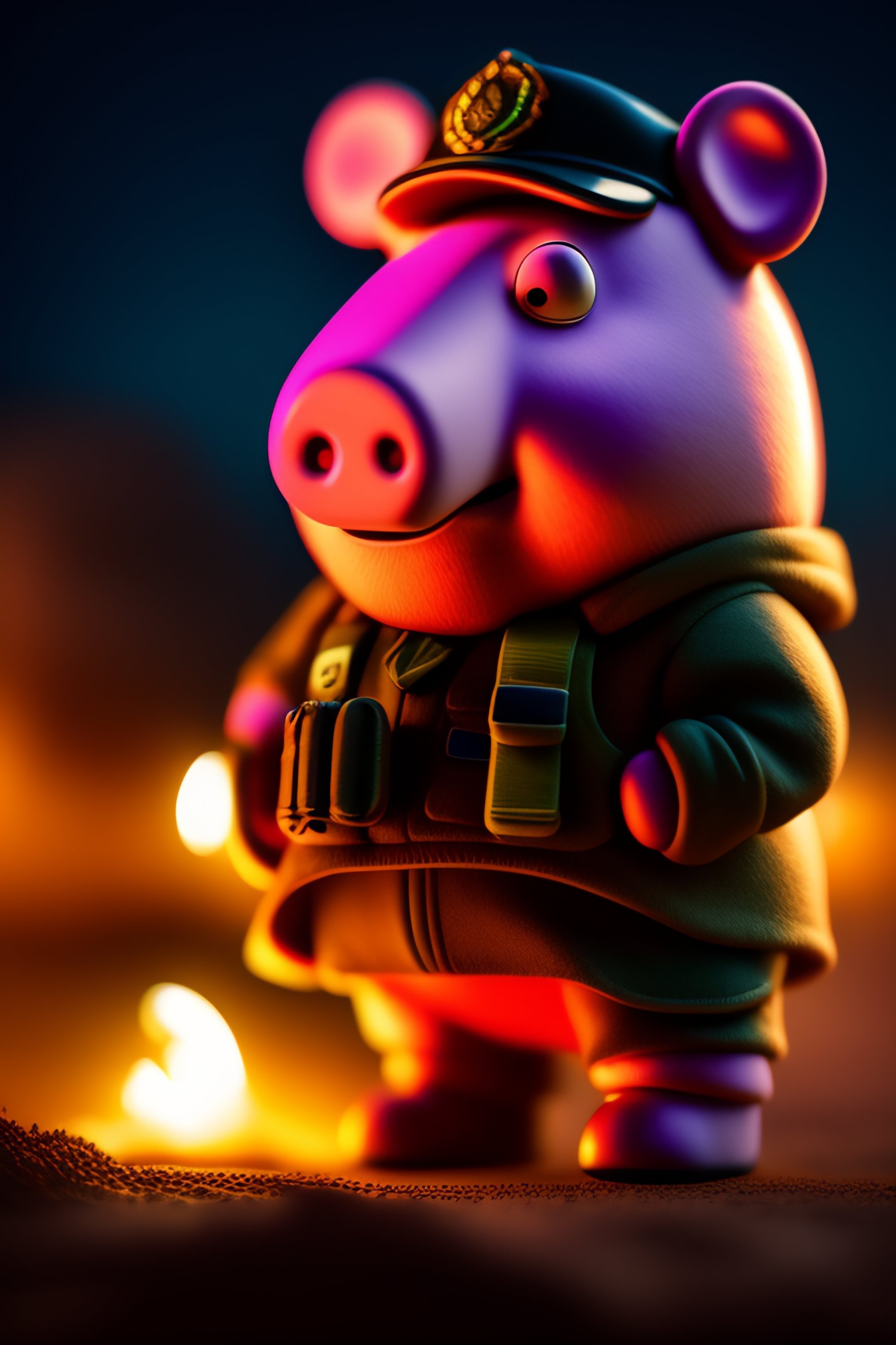 Lexica - An exhausted peppa pig at the frontlines in the army at night ...
