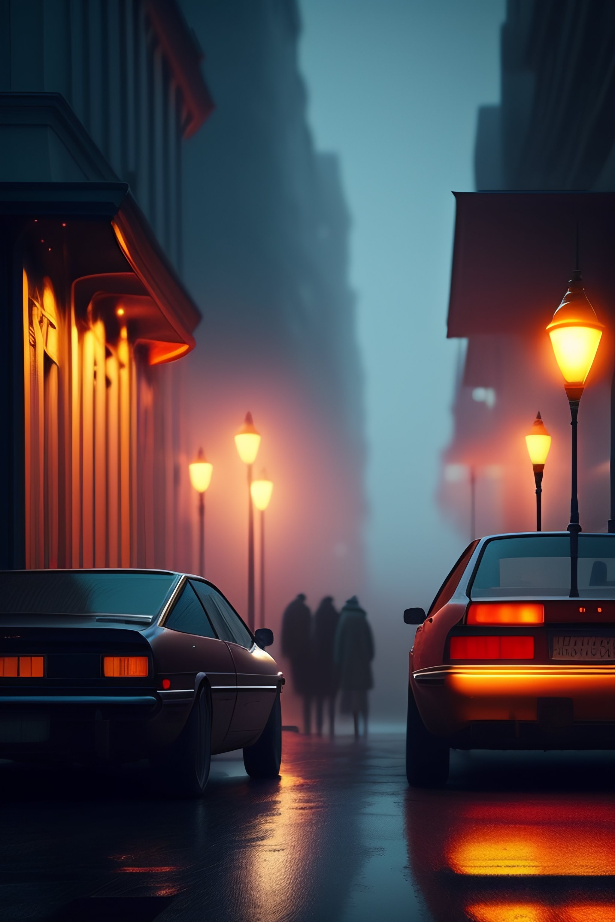 Lexica - Street scene at night partial fog with street light and parked ...