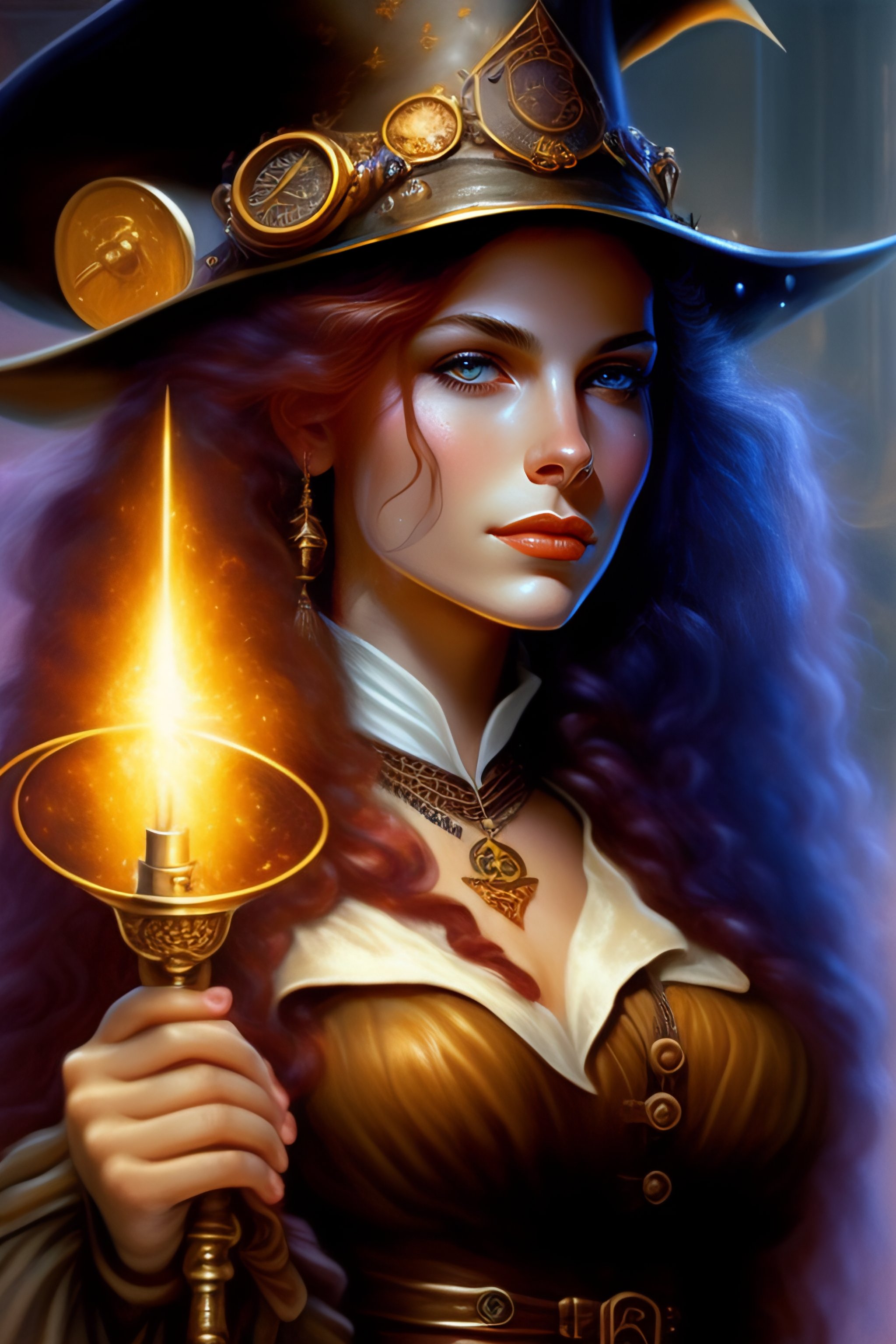 Lexica - Witch inventor, steampunk magic wand, painted by Drew Struzan