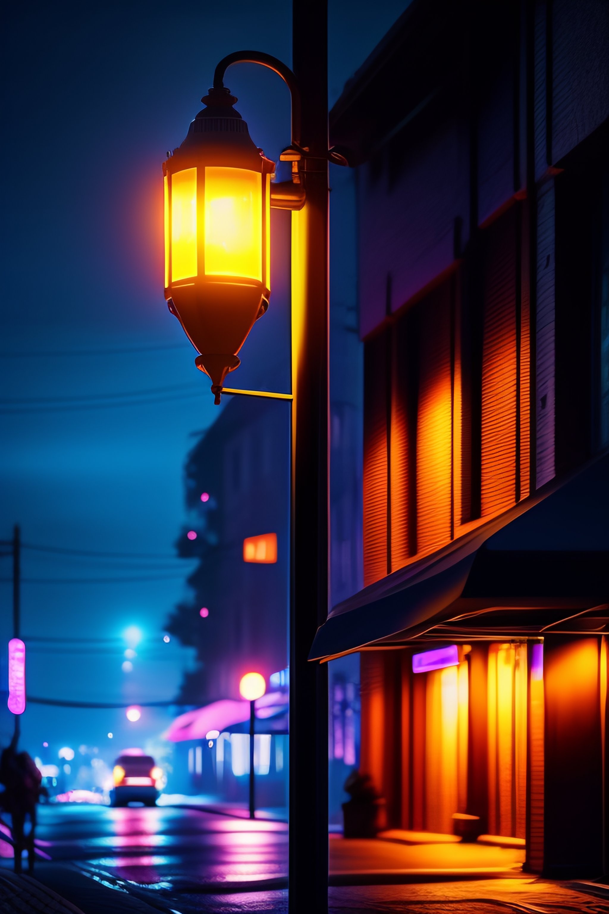Lexica - Cyberpunk, town, lightpost, night,