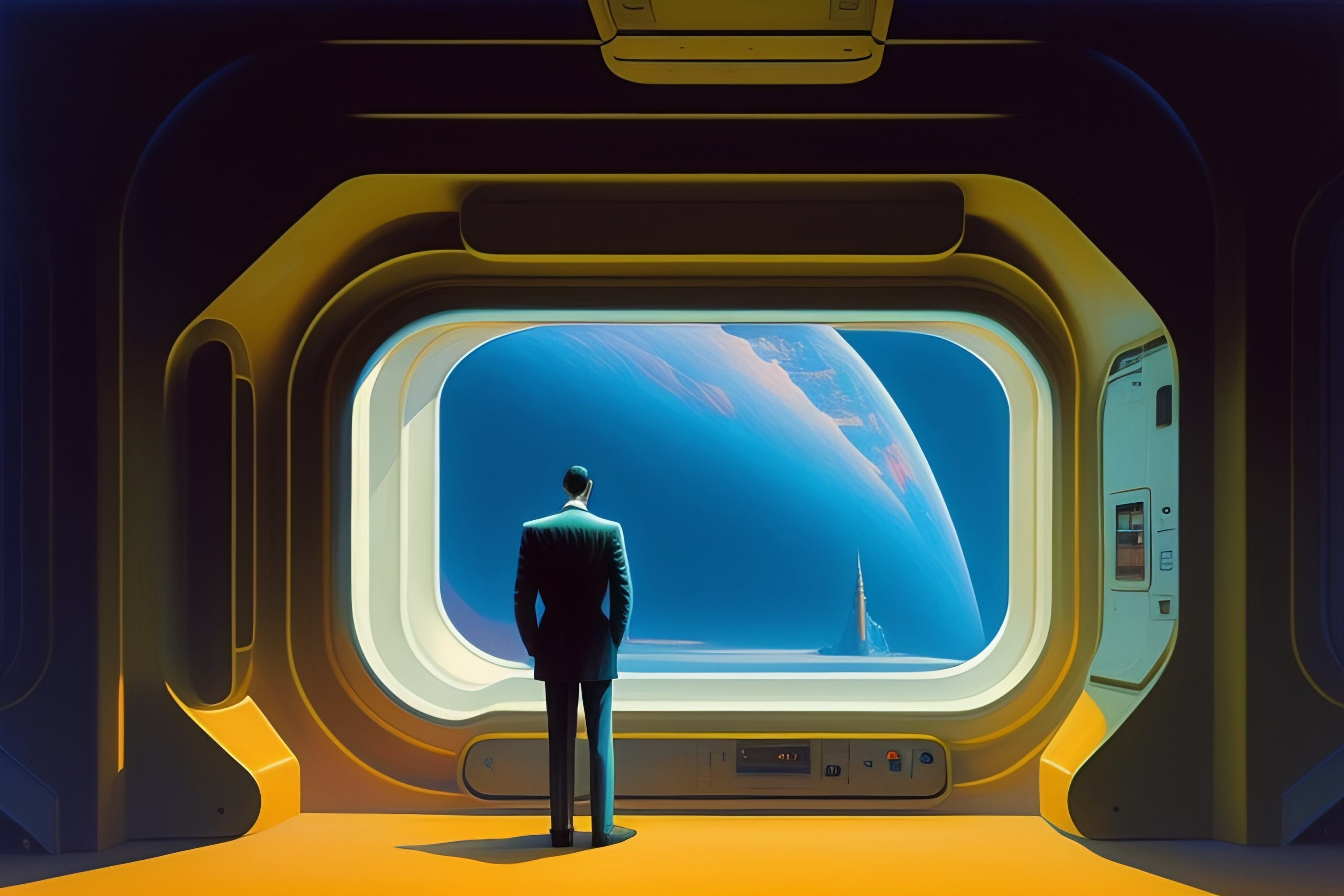 Lexica - A man using a cell phone in a space station, science fiction ...