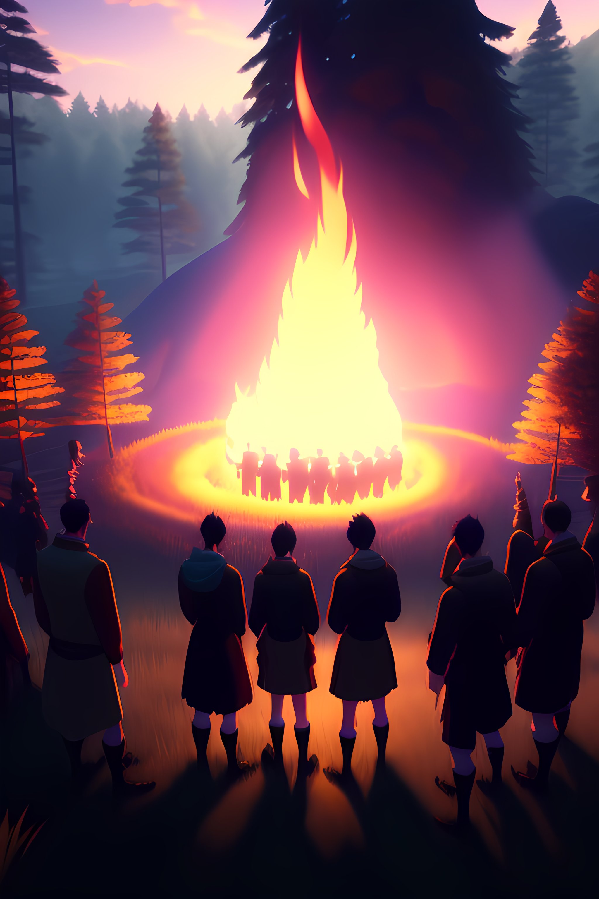 Lexica - A film still campfire in Japanese forest of a dozen of people in a circle, sharp focus ...