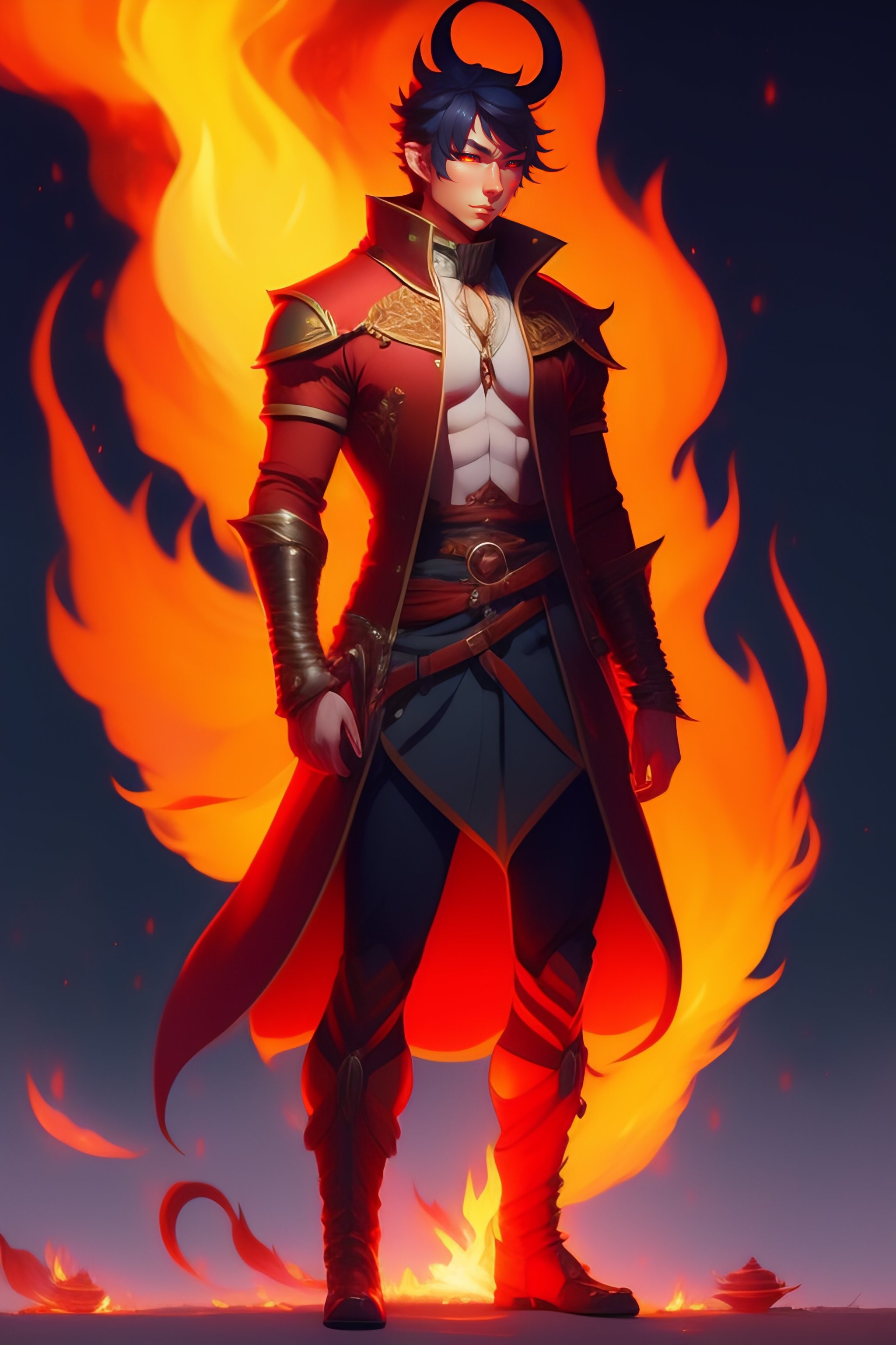 Lexica - Full body, from above, male tiefling, doe eyes, fire in the ...