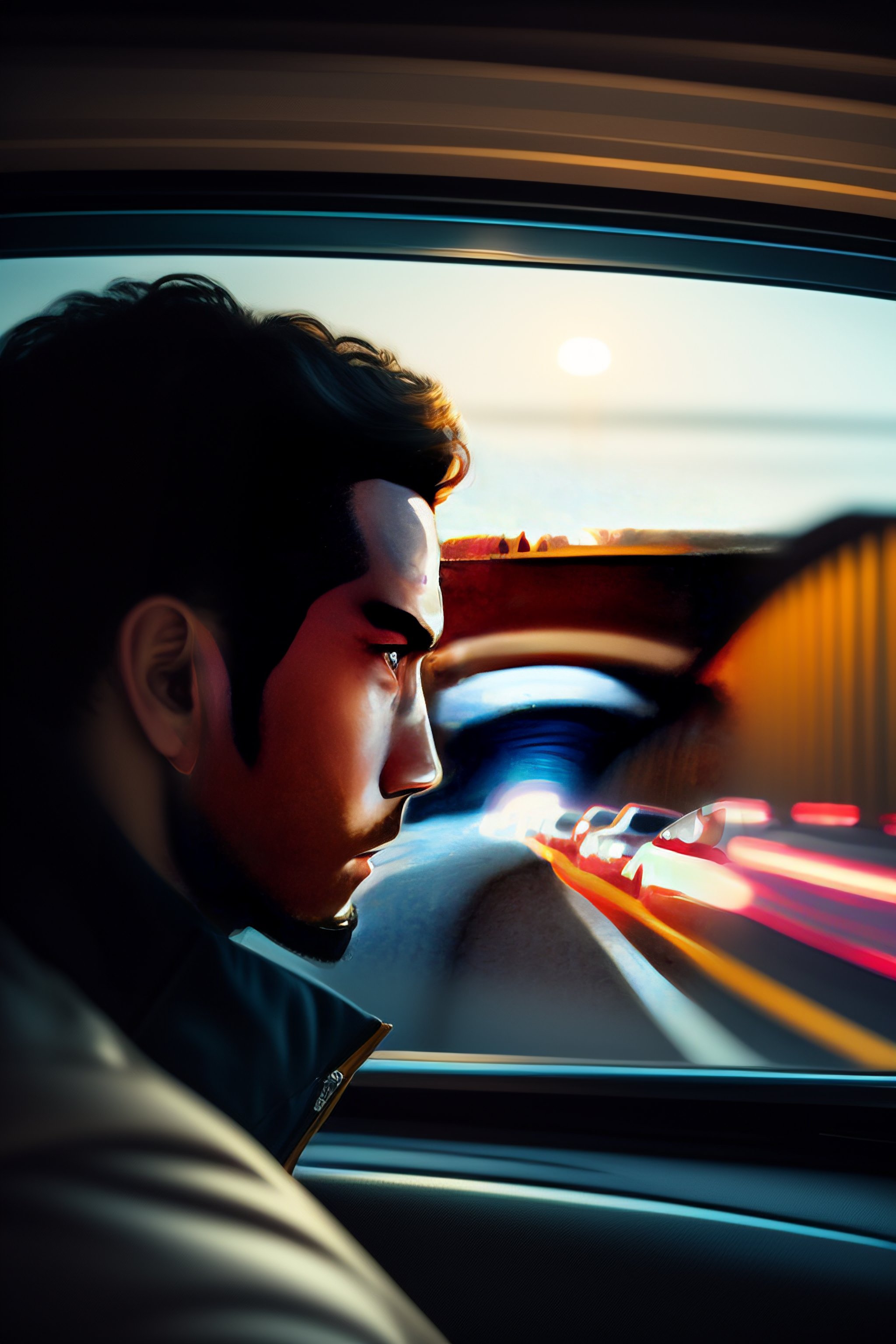 Lexica - Portrait of a man, in the back of a car at night in a tunnel ...