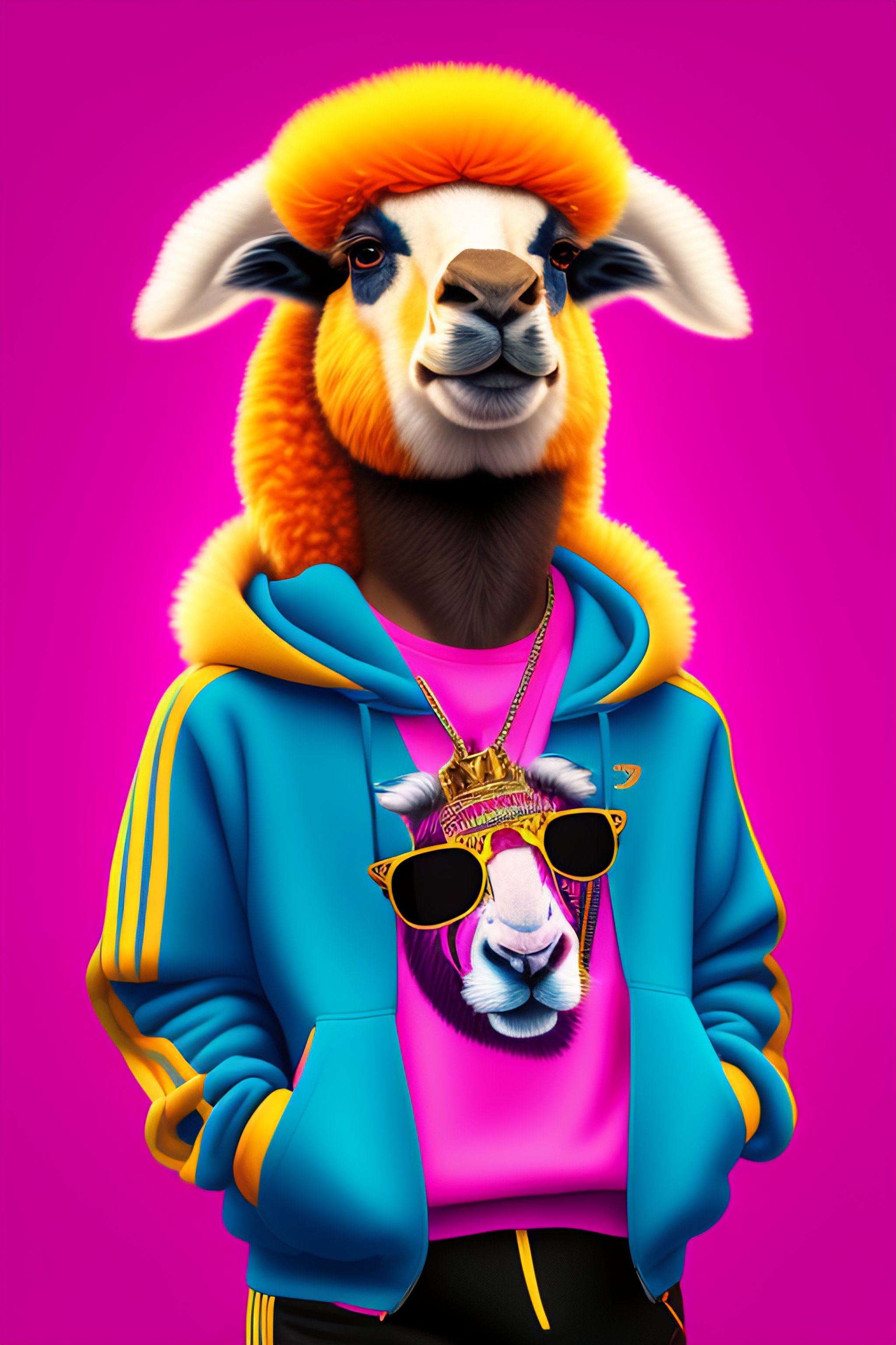 Lexica - A stuffed llama wearing a pink jaguar print hoodie and gold ...