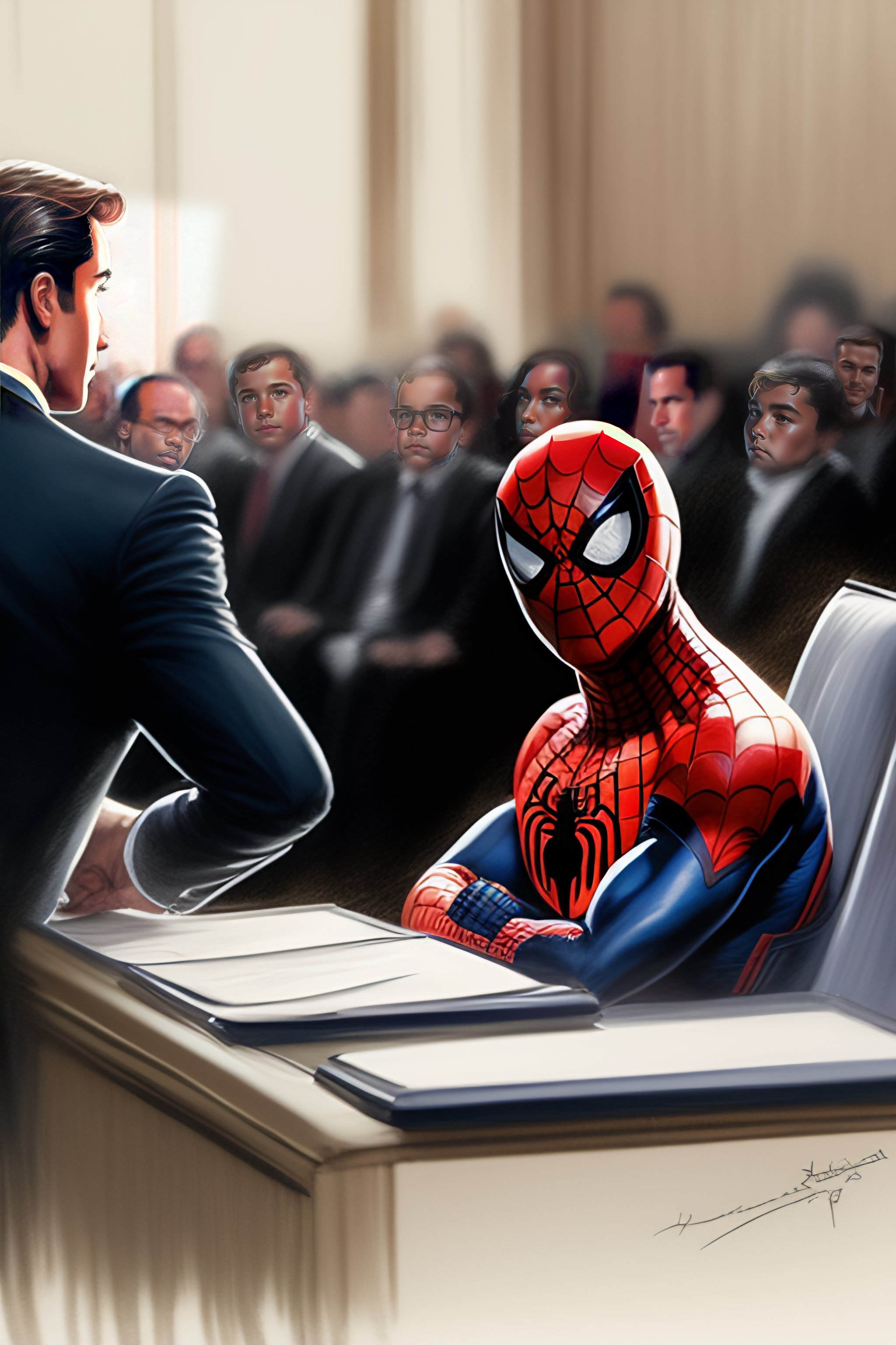 Lexica - Spider-Man on trial courtroom sketch