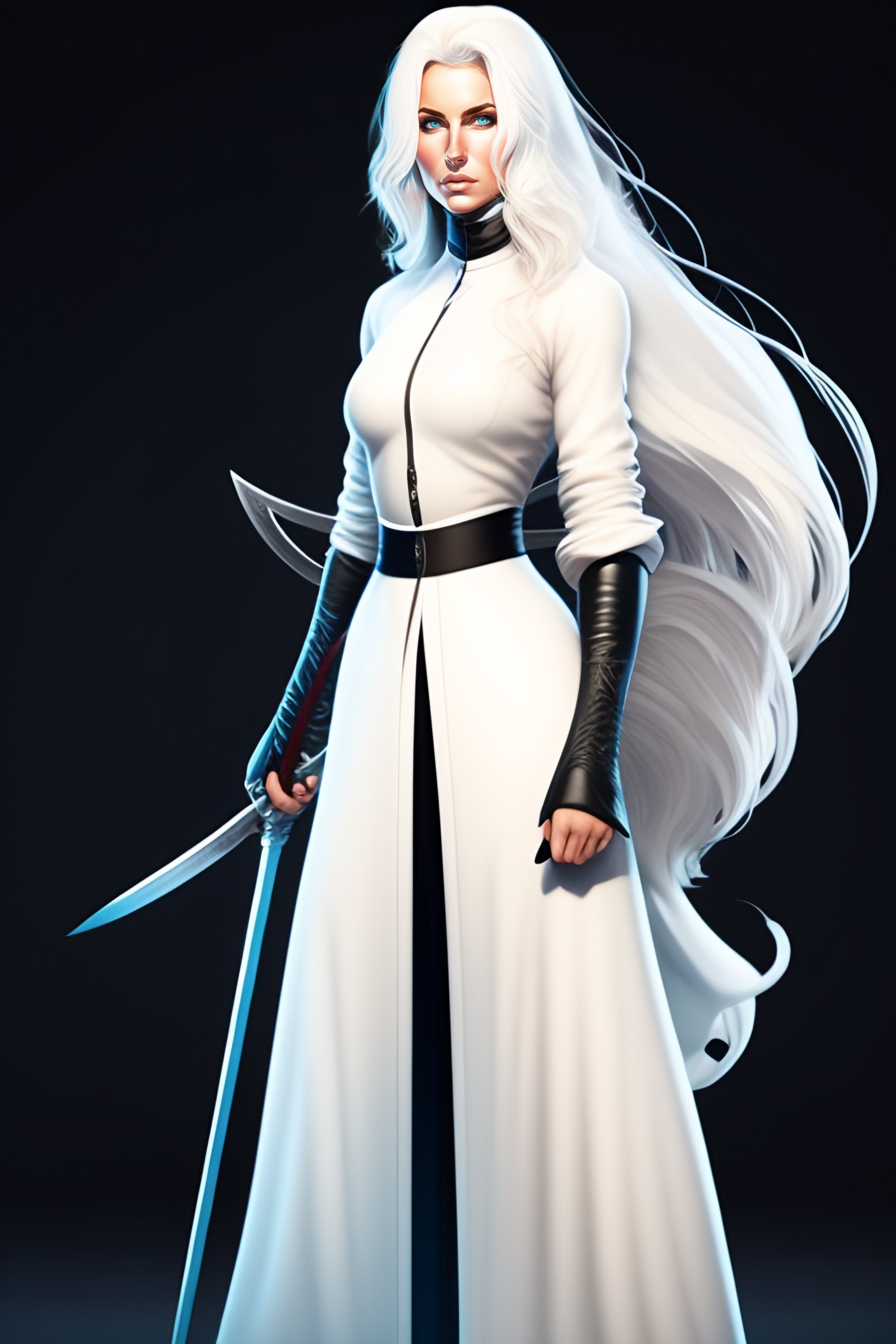 Lexica - Full body portrait of female swordsman, long white hair, black ...