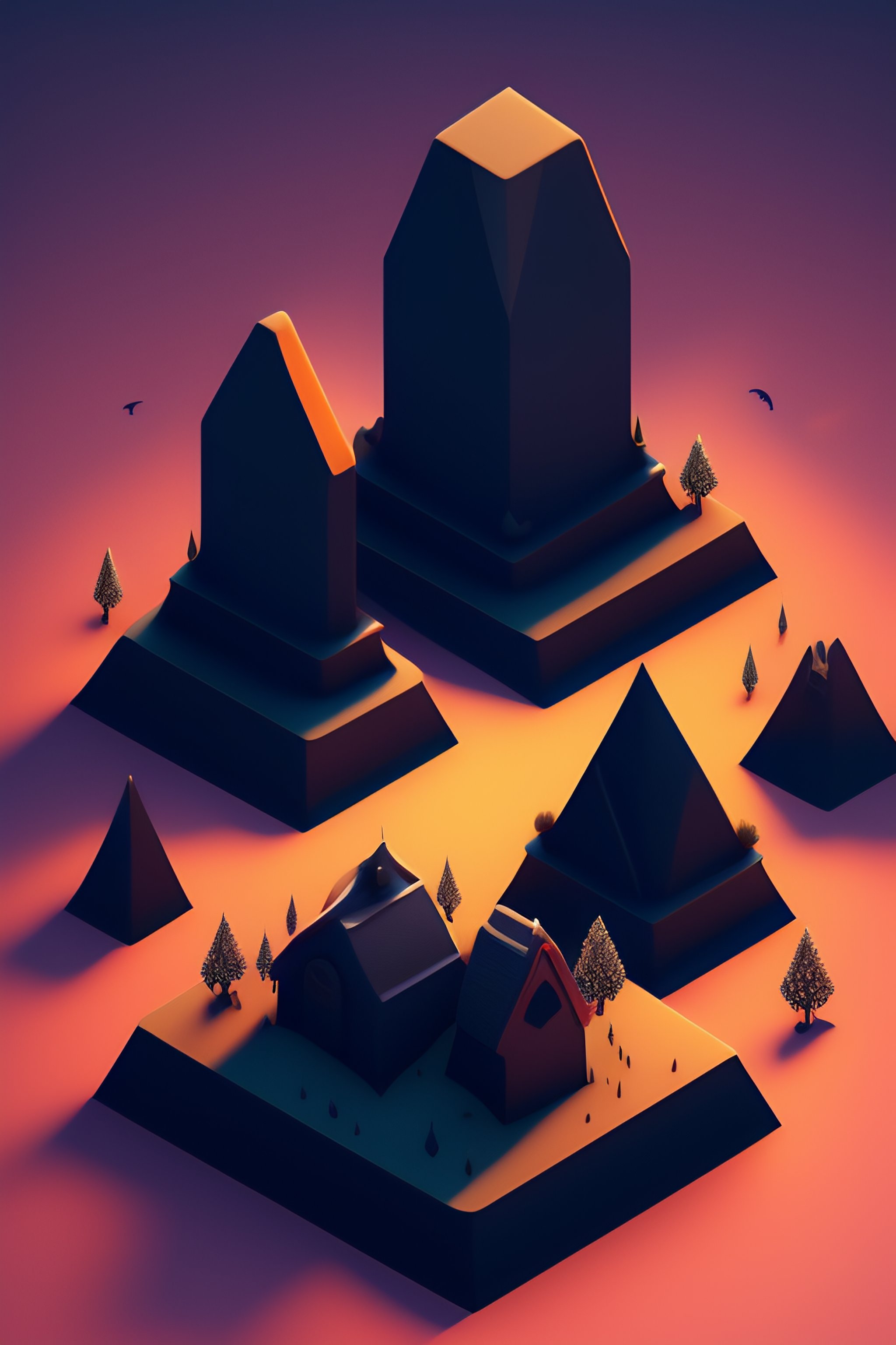 Lexica - Isometric render of a spooky graveyard by a town, solid shapes ...