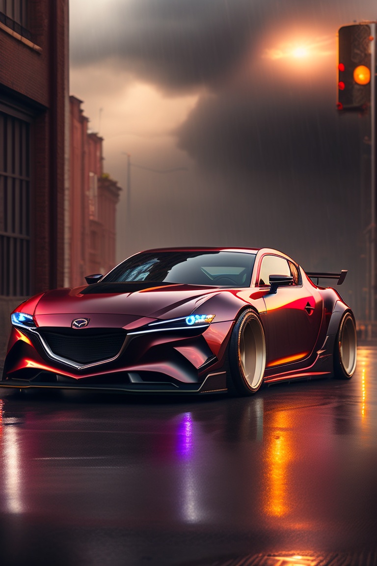Lexica - Mazda RX8 in cyberpunk city, rainy, dark