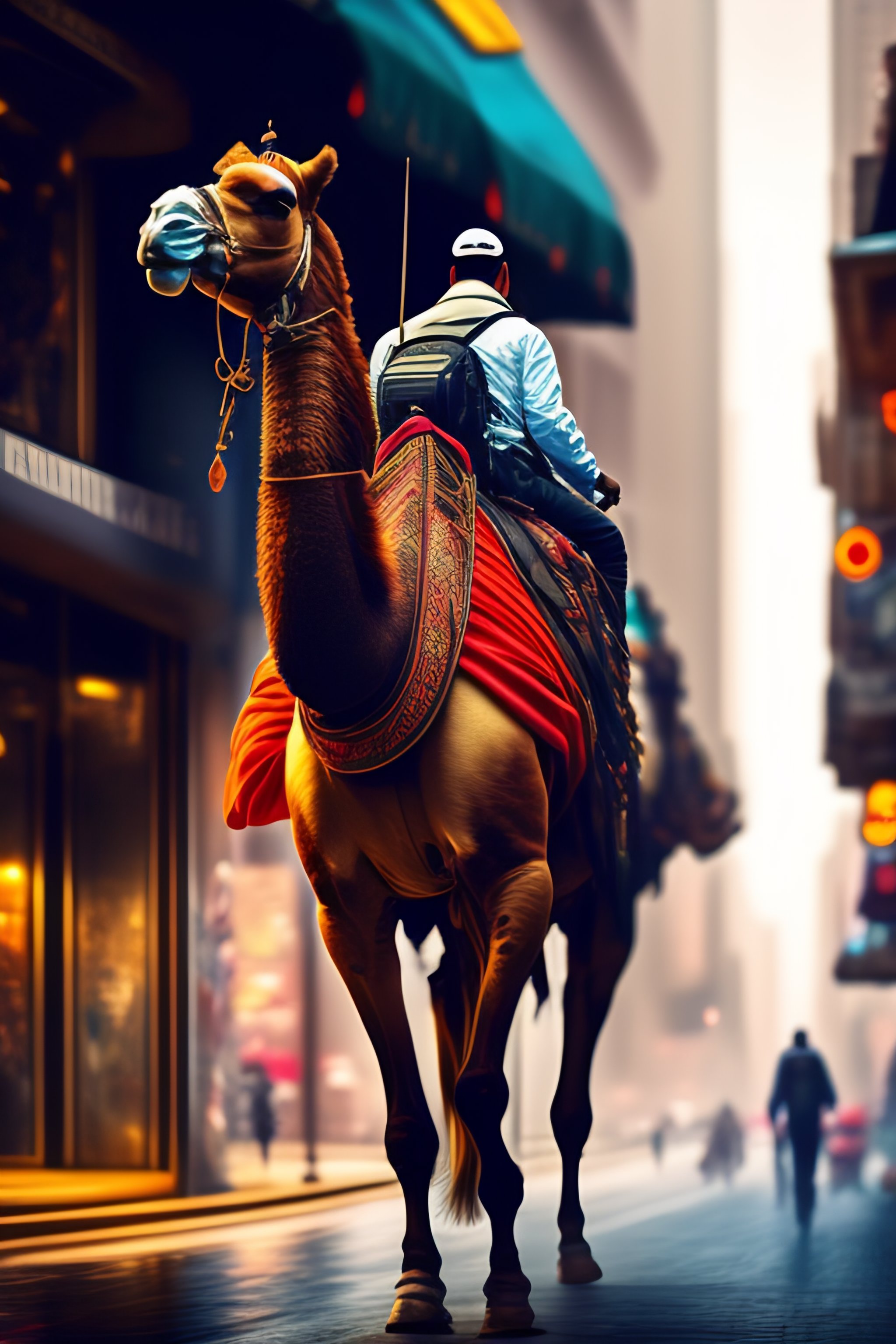 Lexica - Man riding a flying camel in a cyberpunk city