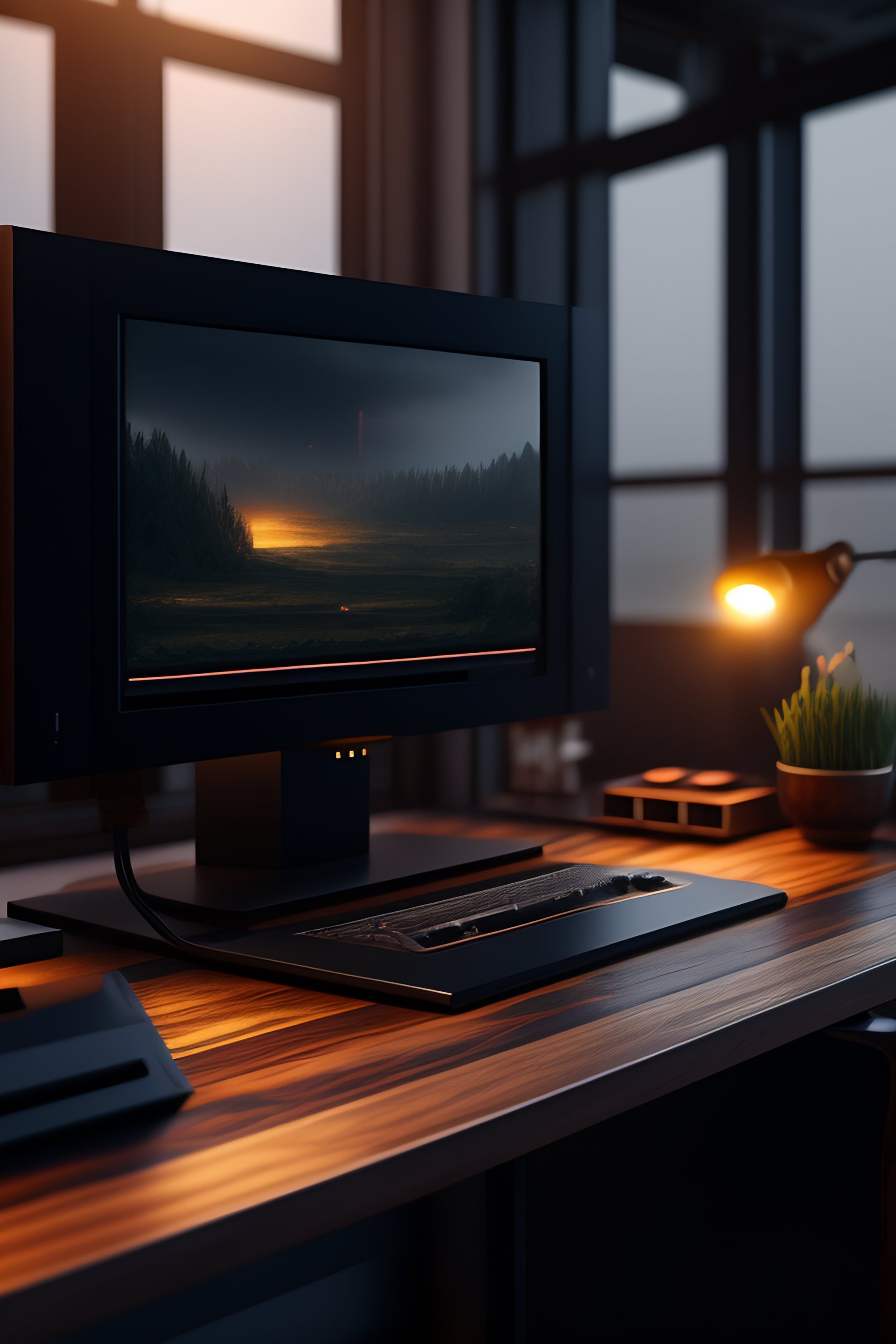 Lexica - A dark industrial wood desk, with very monitors,very ...
