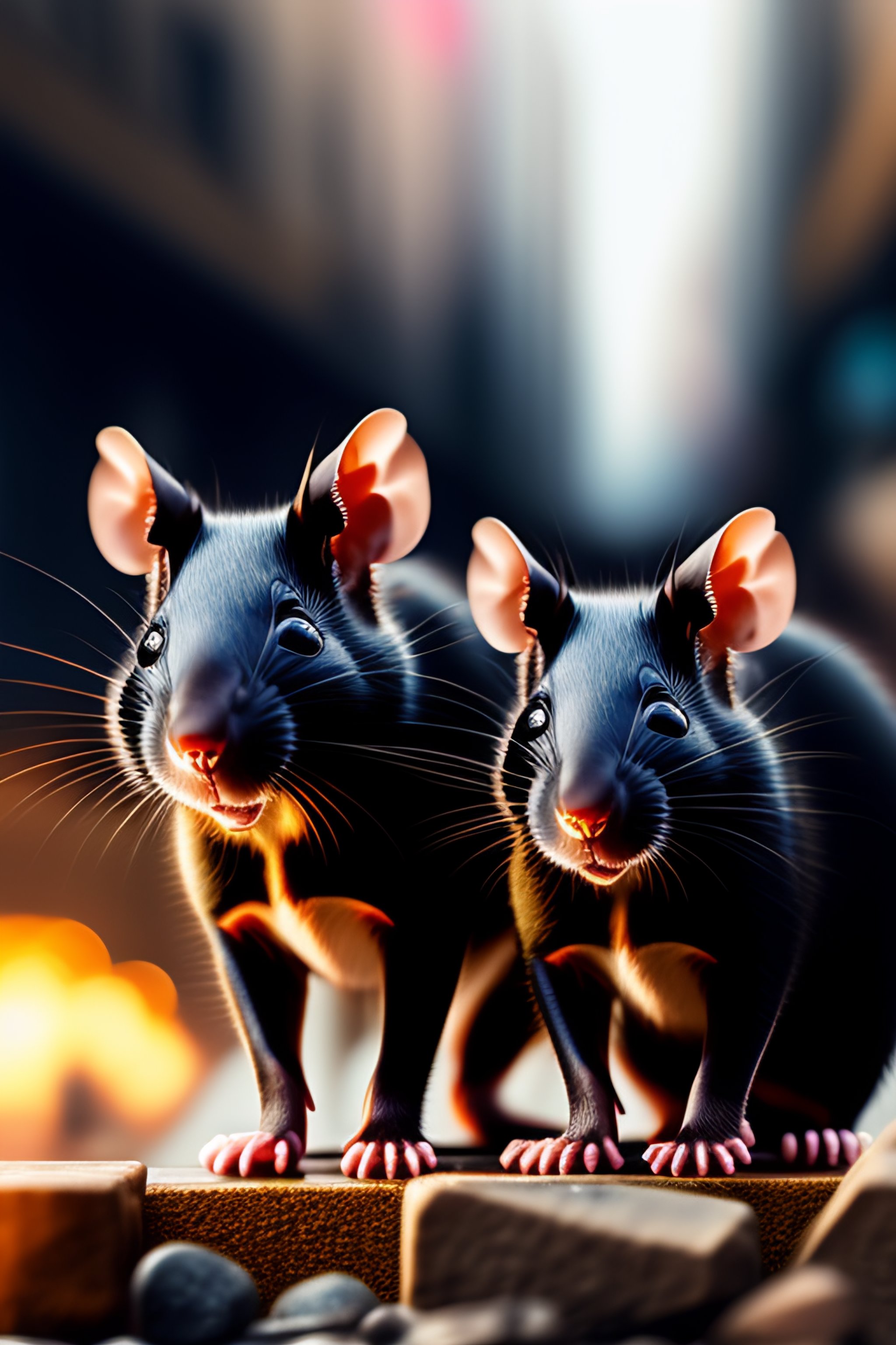 Lexica - Two clothed black rats in front of a destroyed city