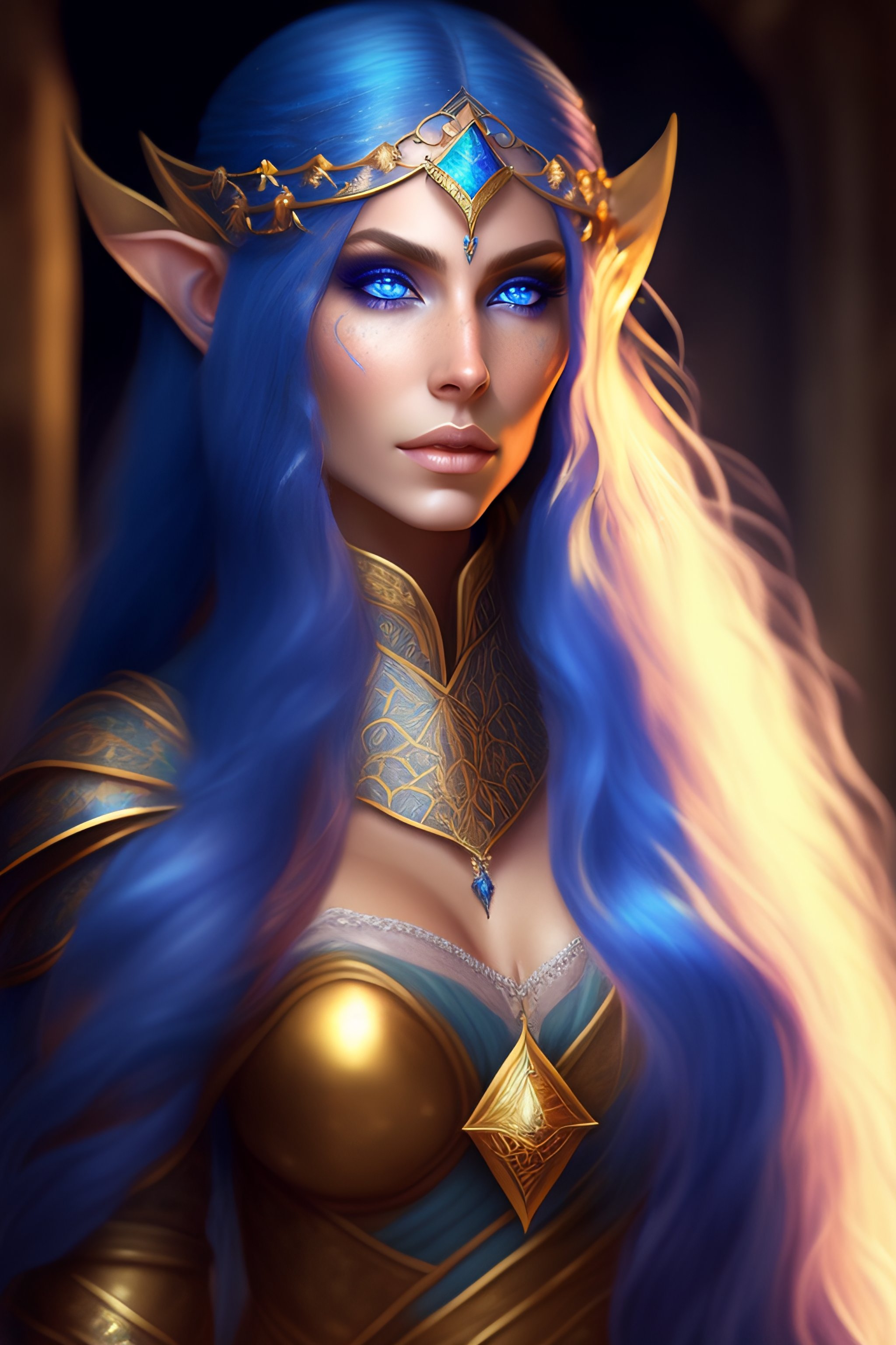 Lexica A Cute Sorceress Elven Blue Long Hair Golden Eyes Tattoed