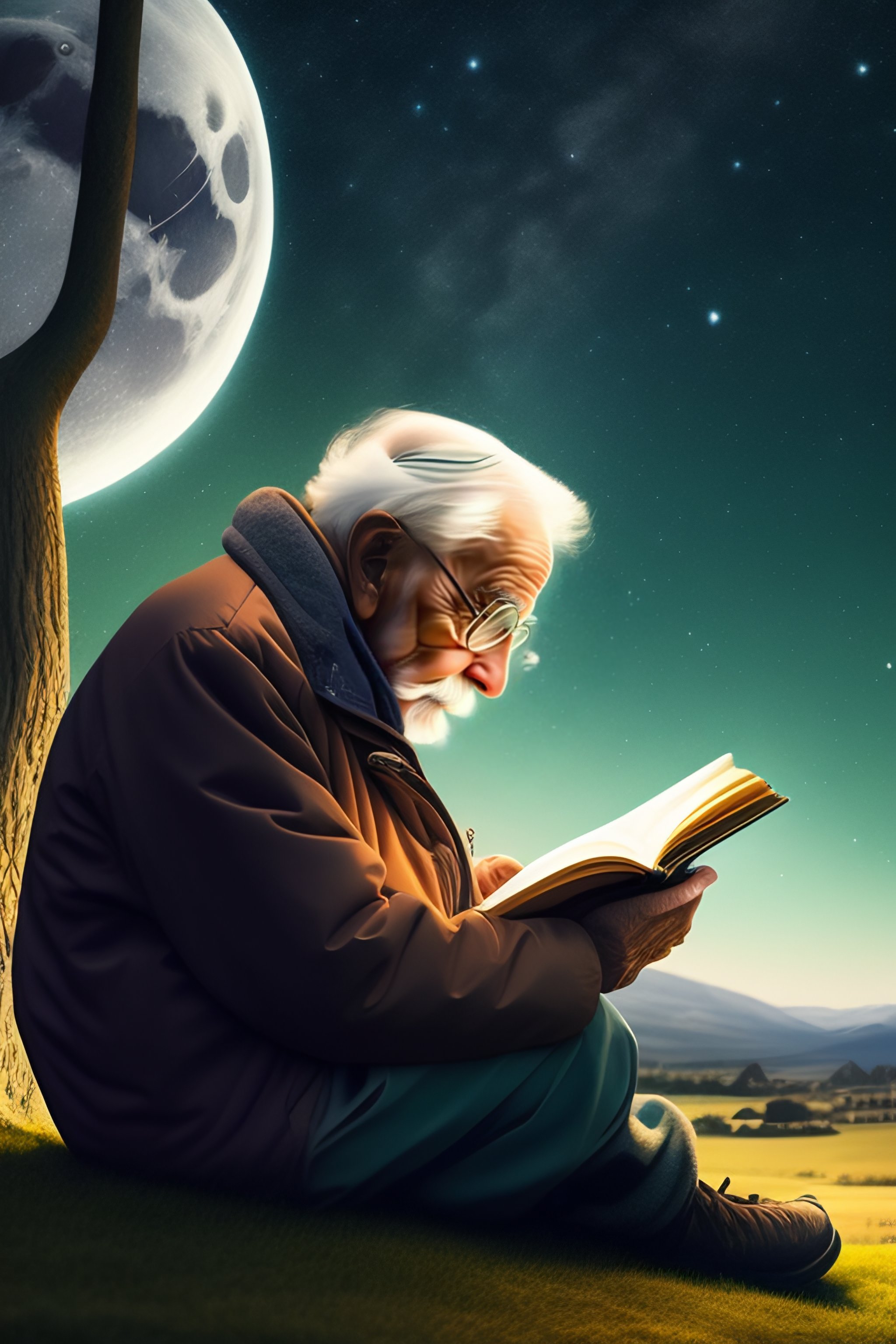 Lexica - A 90-year-old man, sitting under a tree looking at the sky ...