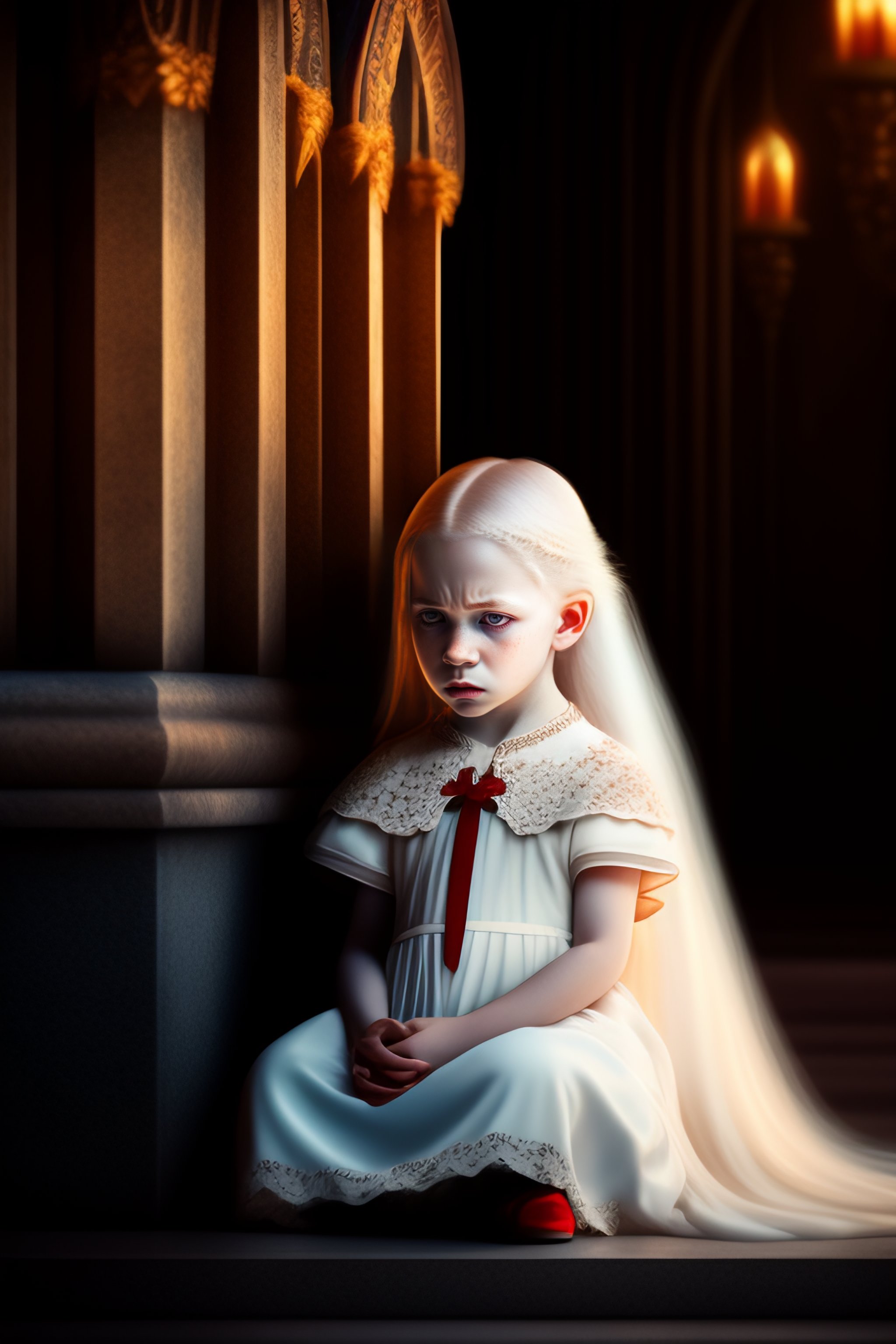 Lexica - Sad looking albino vampire female child in a temple sitting on ...