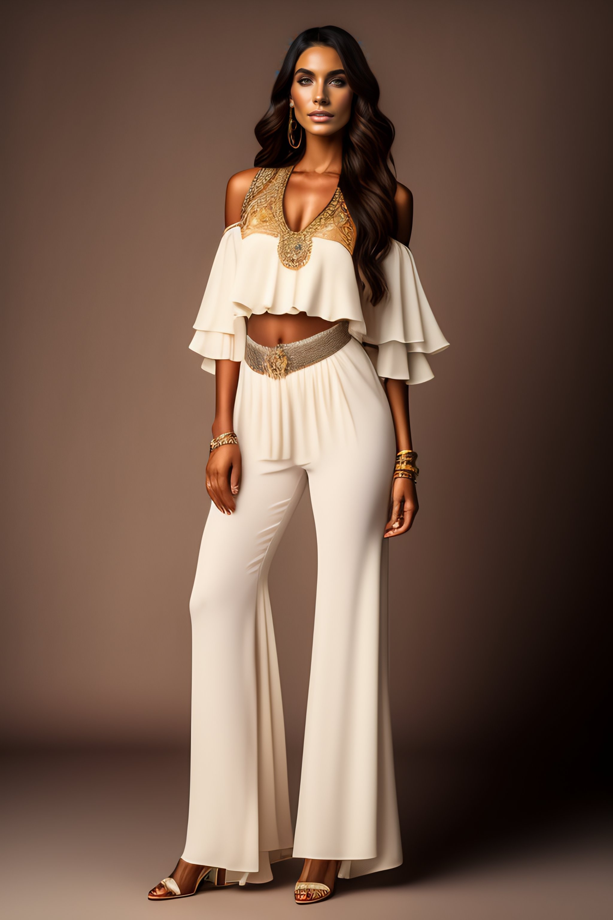 Lexica - Studio Portrait of brunette model over 23, wearing boho Pants ...