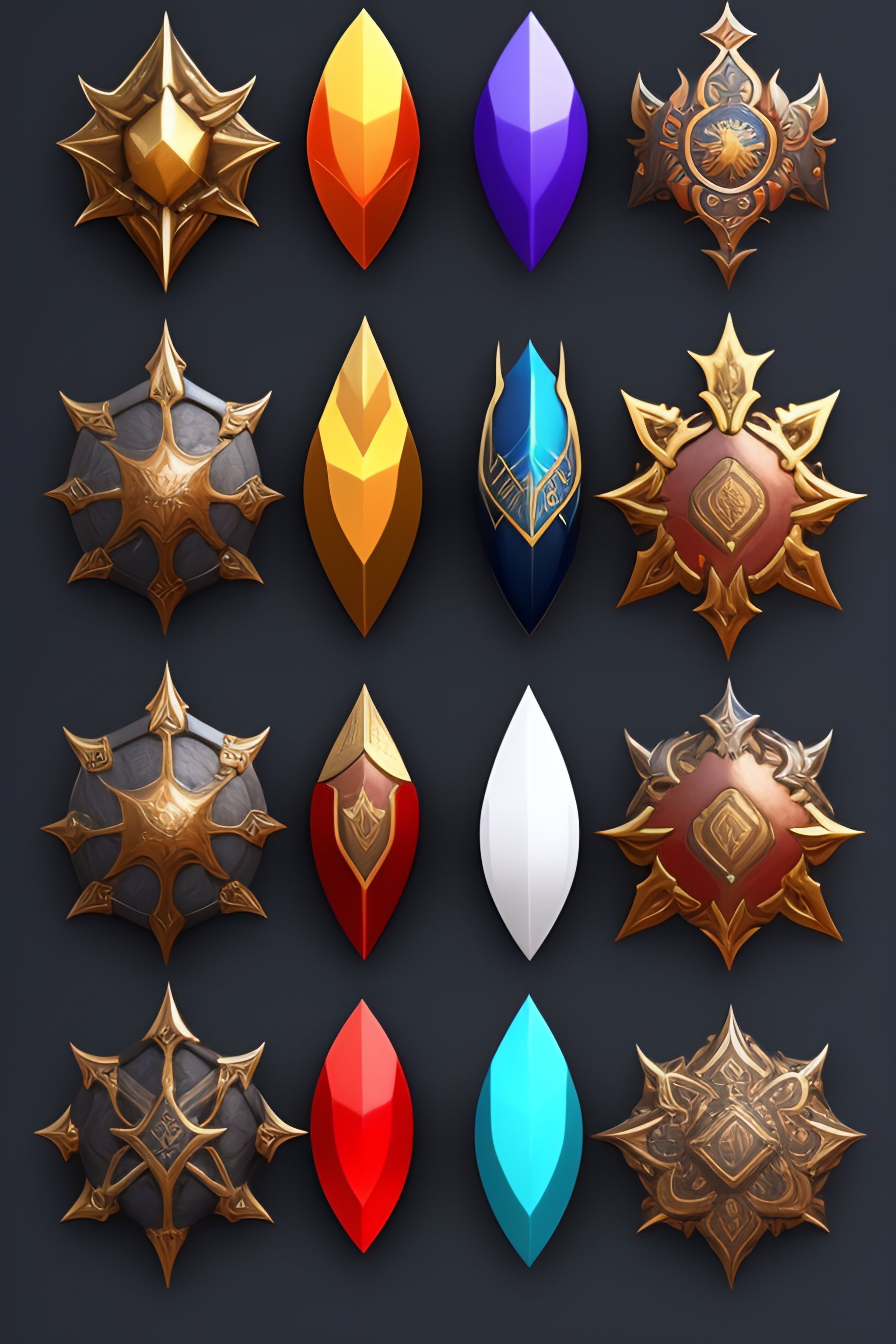 Lexica - Design sheet of various magic fantasy weapons, varied colors