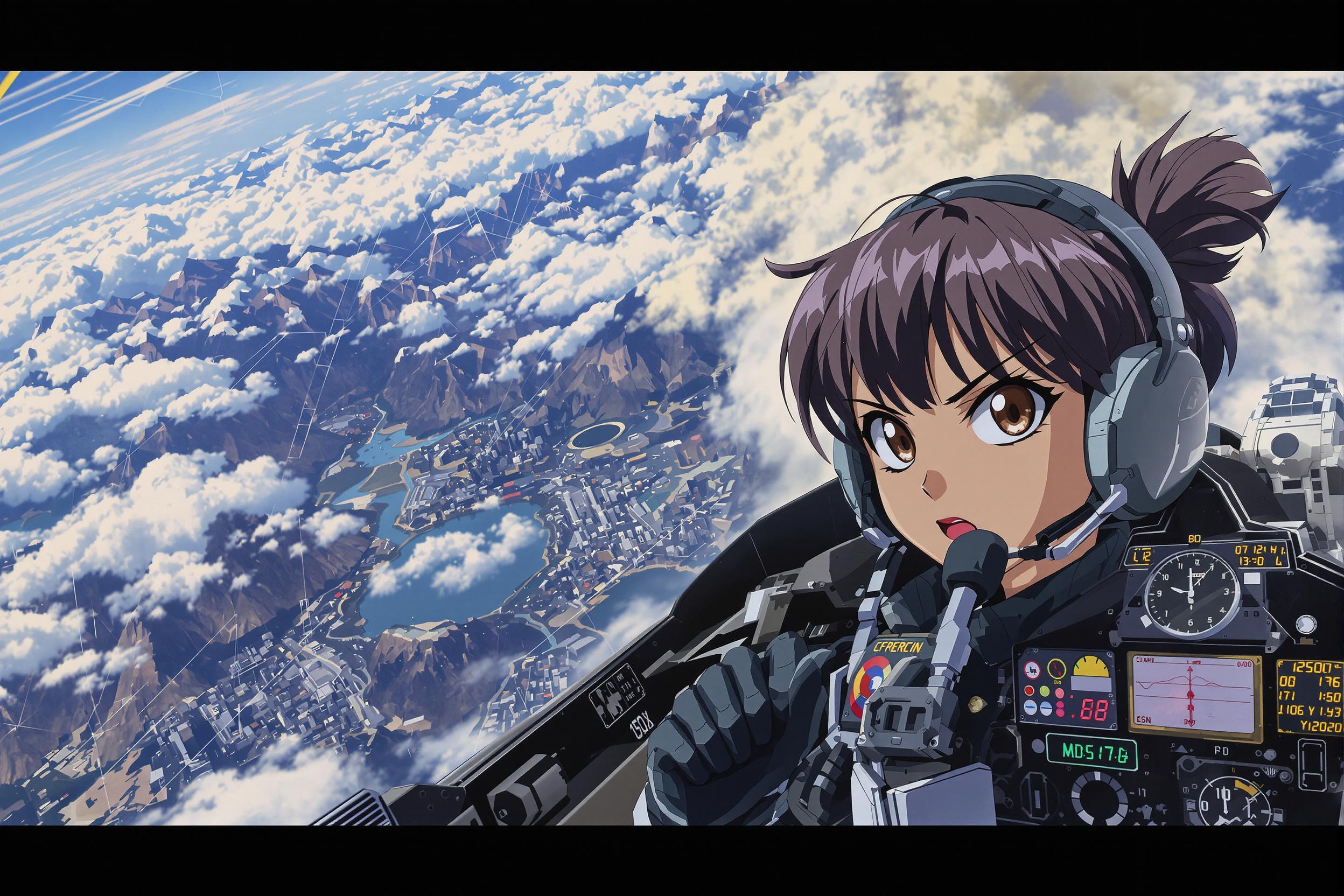 Lexica - 90's anime screenshot of piloting a jet plane, she has a black ...