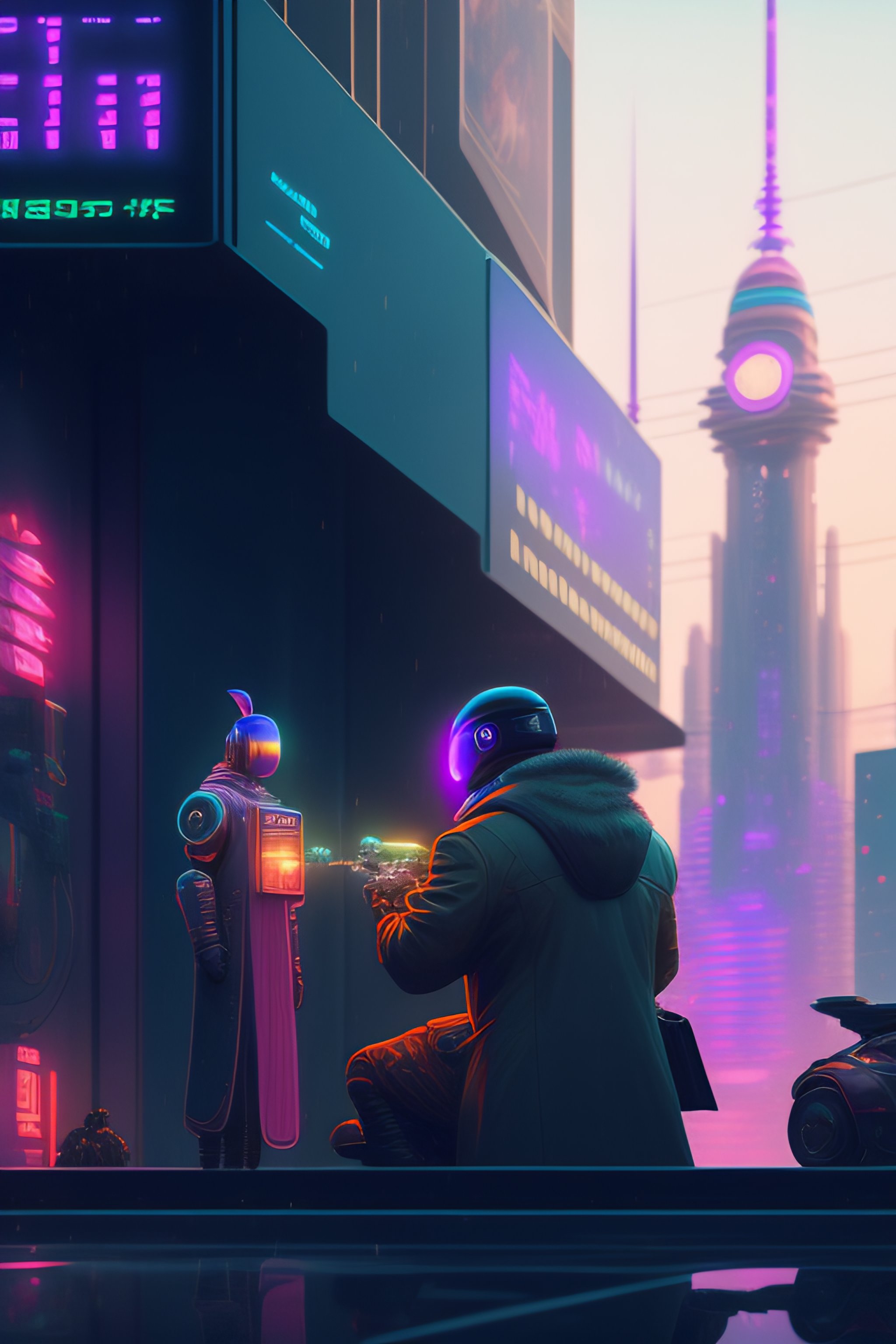 Lexica - Robot feeding electric pigeons in front of a neon church ...