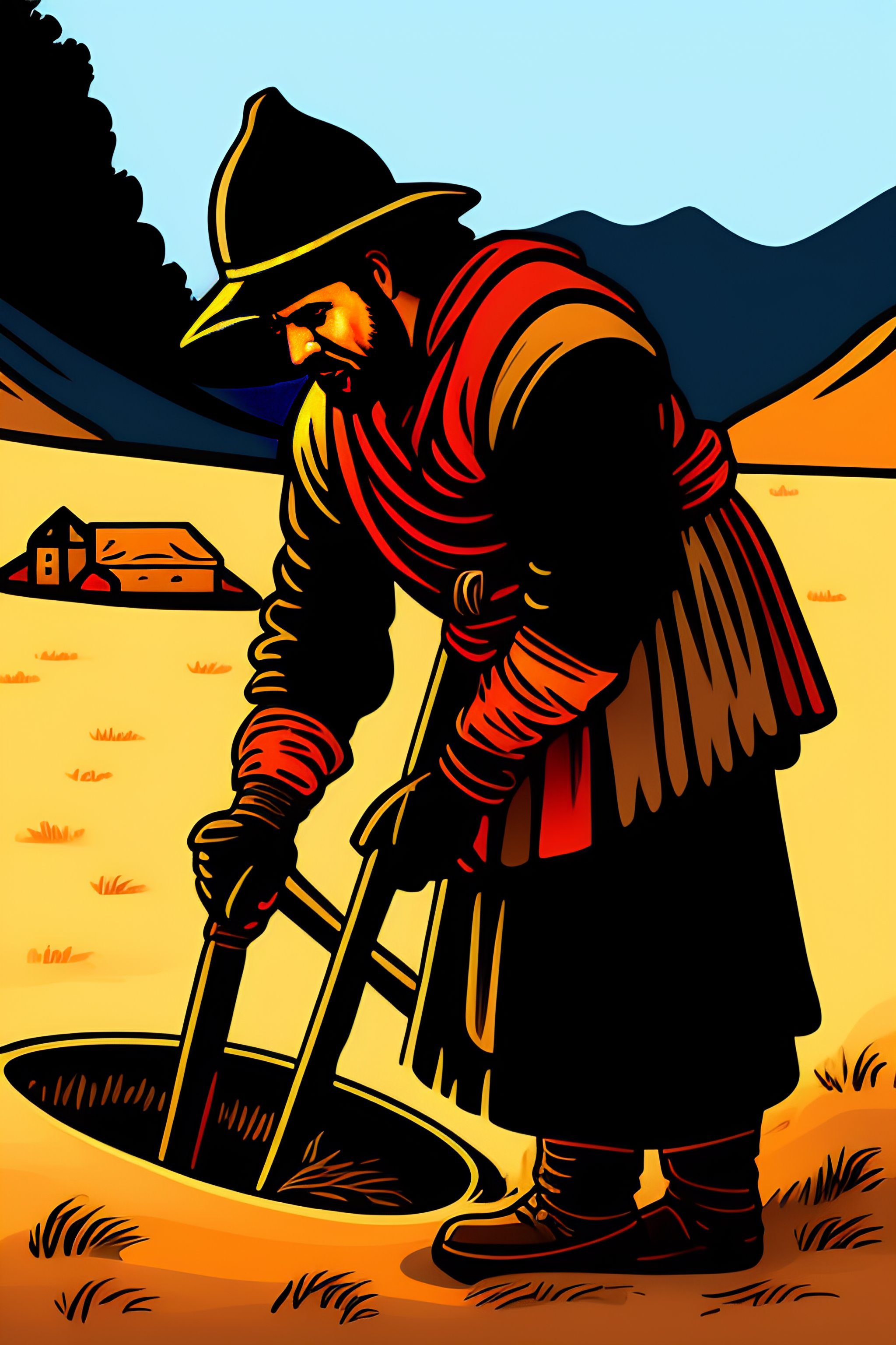 Lexica - Medieval worker digging, ink fine line artwork, flat design