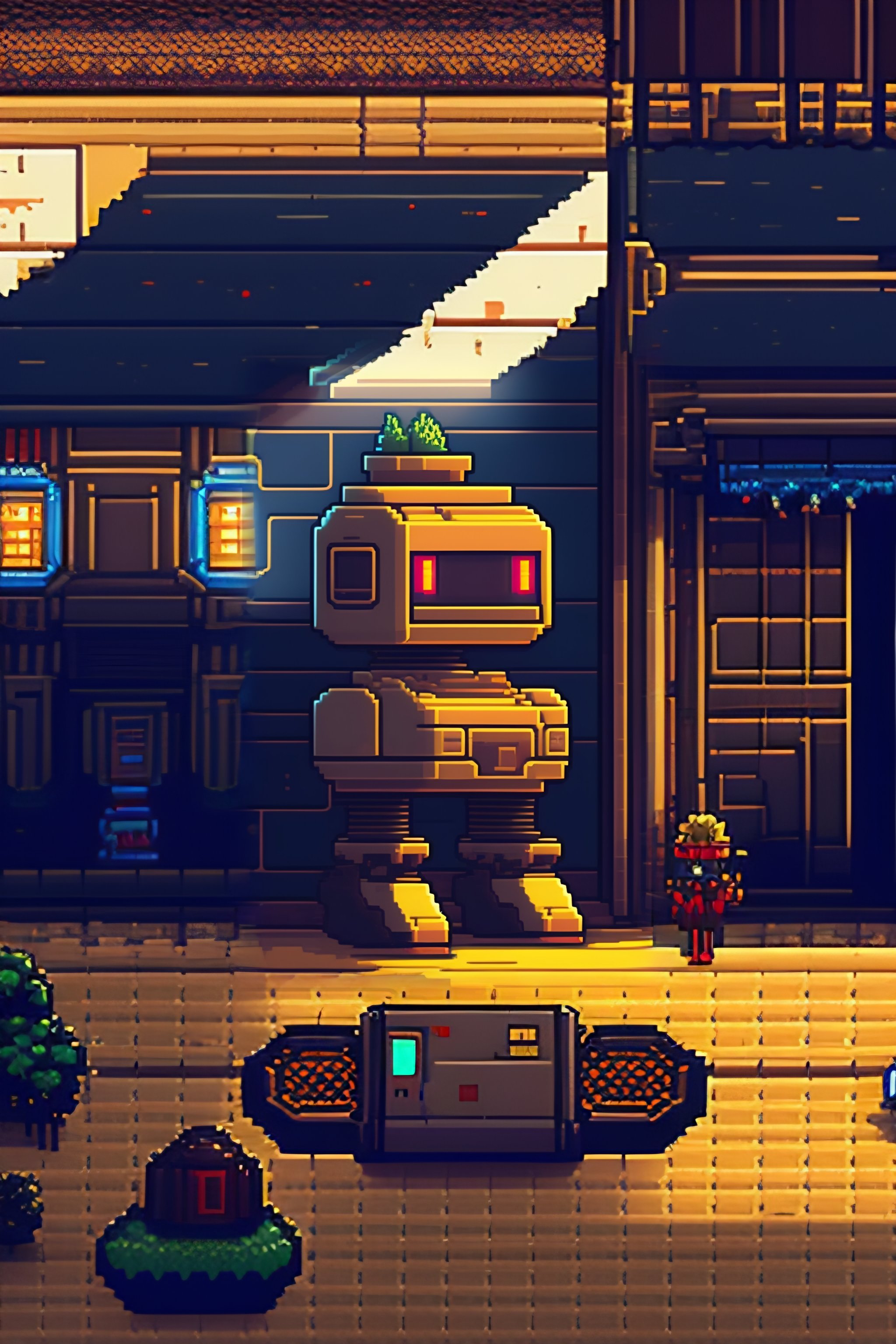 Lexica - 8-bit pixel art of robot, facing directly forward, cozy indoor ...